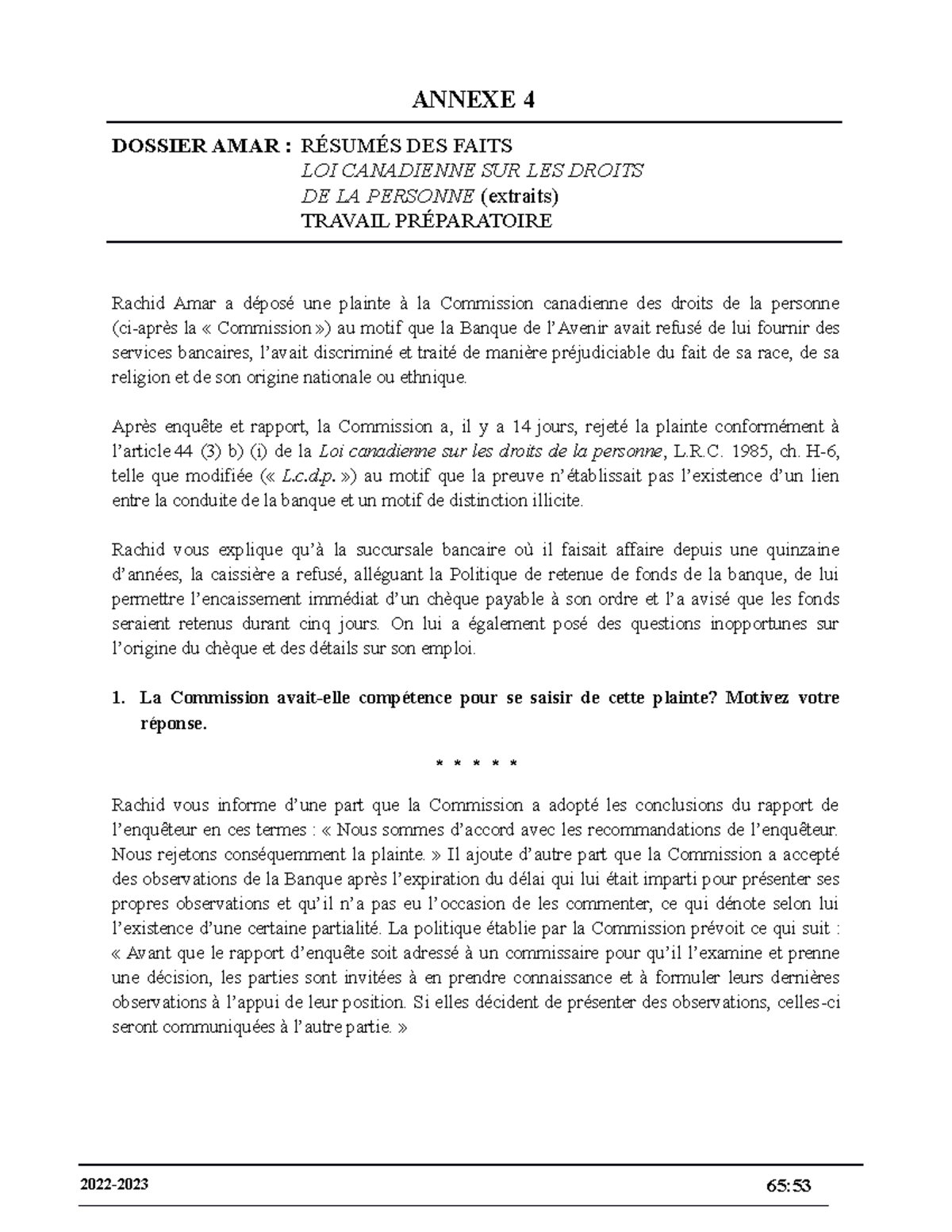 Annexe 4 - Dossier Amar - Matière en vue de l'examen d'admin - ANNEXE 4 ...