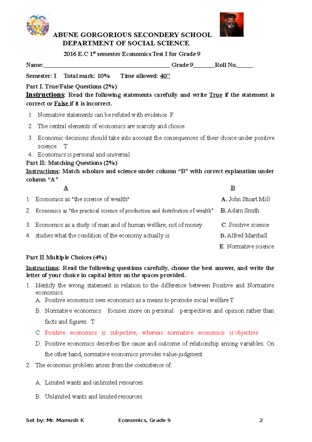 Economics grade 9 Test 2016 - ABUNE GORGORIOUS SECONDERY SCHOOL ...