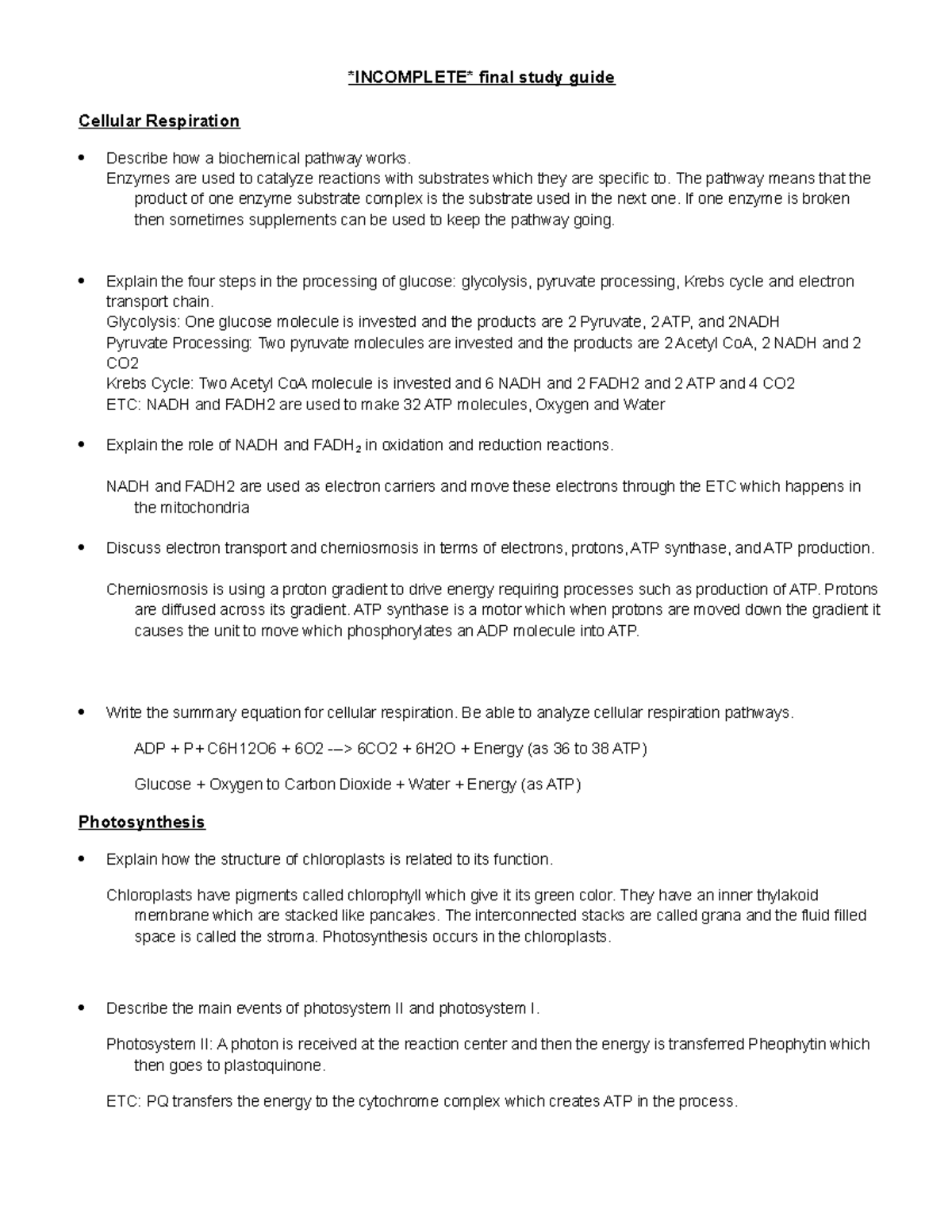 Incomplete final study guide BIO 181 - INCOMPLETE final study guide ...