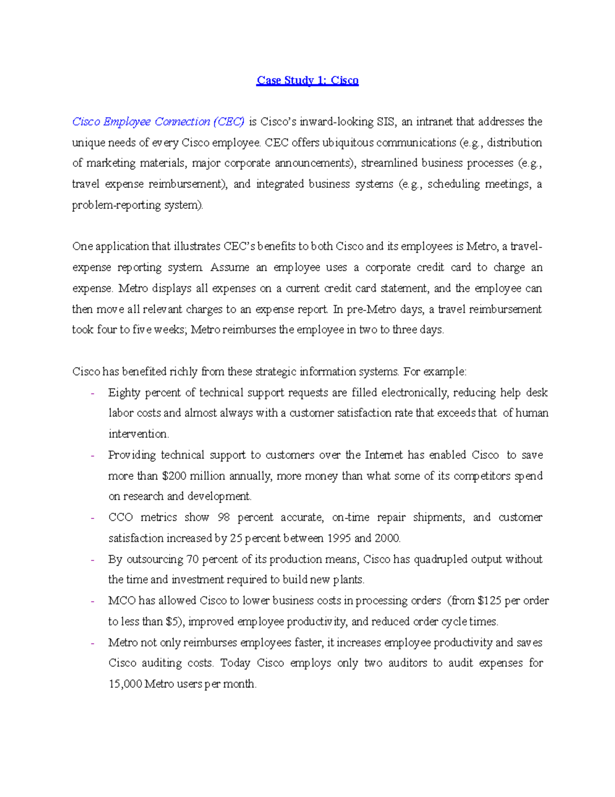 Case Study Cisco(1) 230405 204903 - Case Study 1: Cisco Cisco Employee Connection (CEC) is Cisco ...