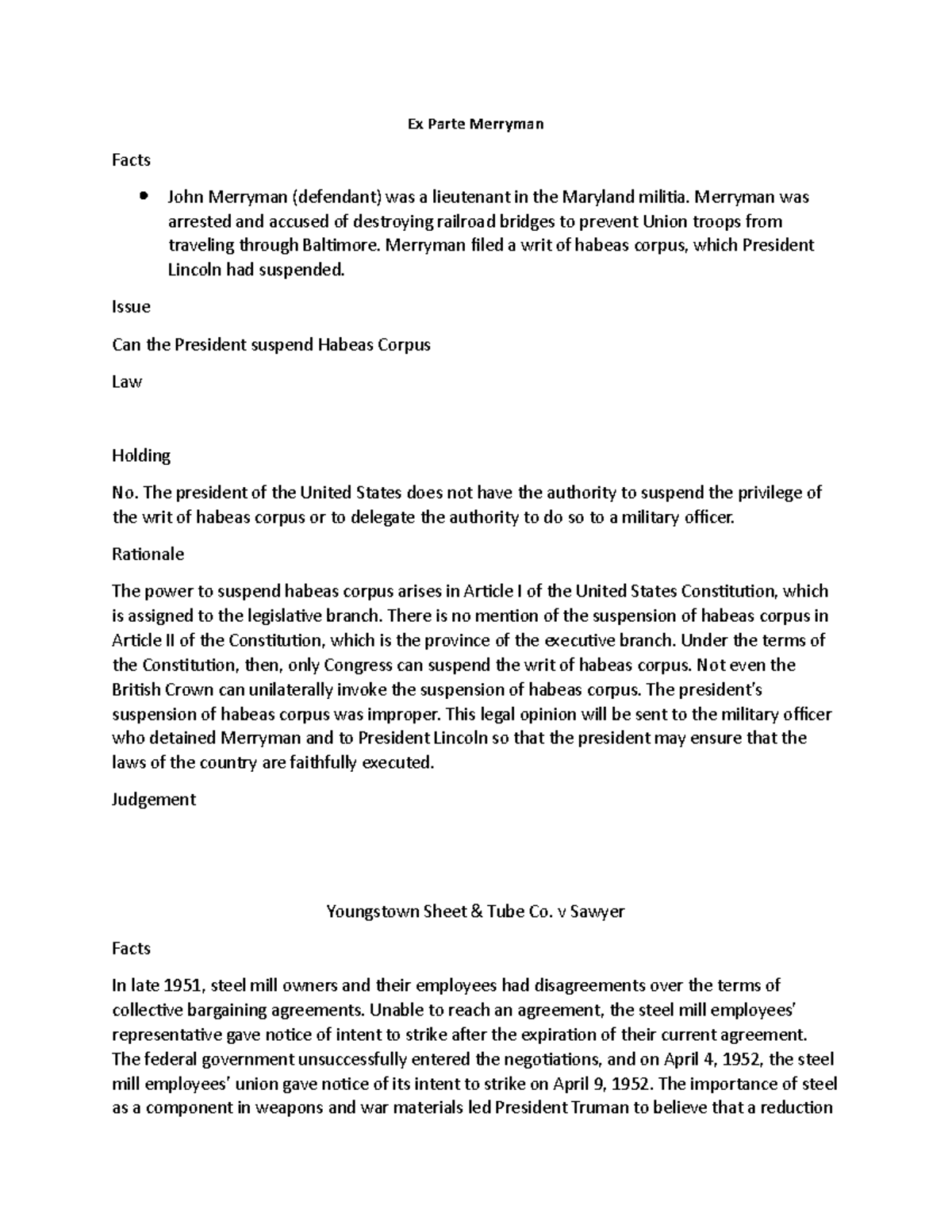 Case Brief Executive Powers Ex Parte Merryman - Ex Parte Merryman Facts ...