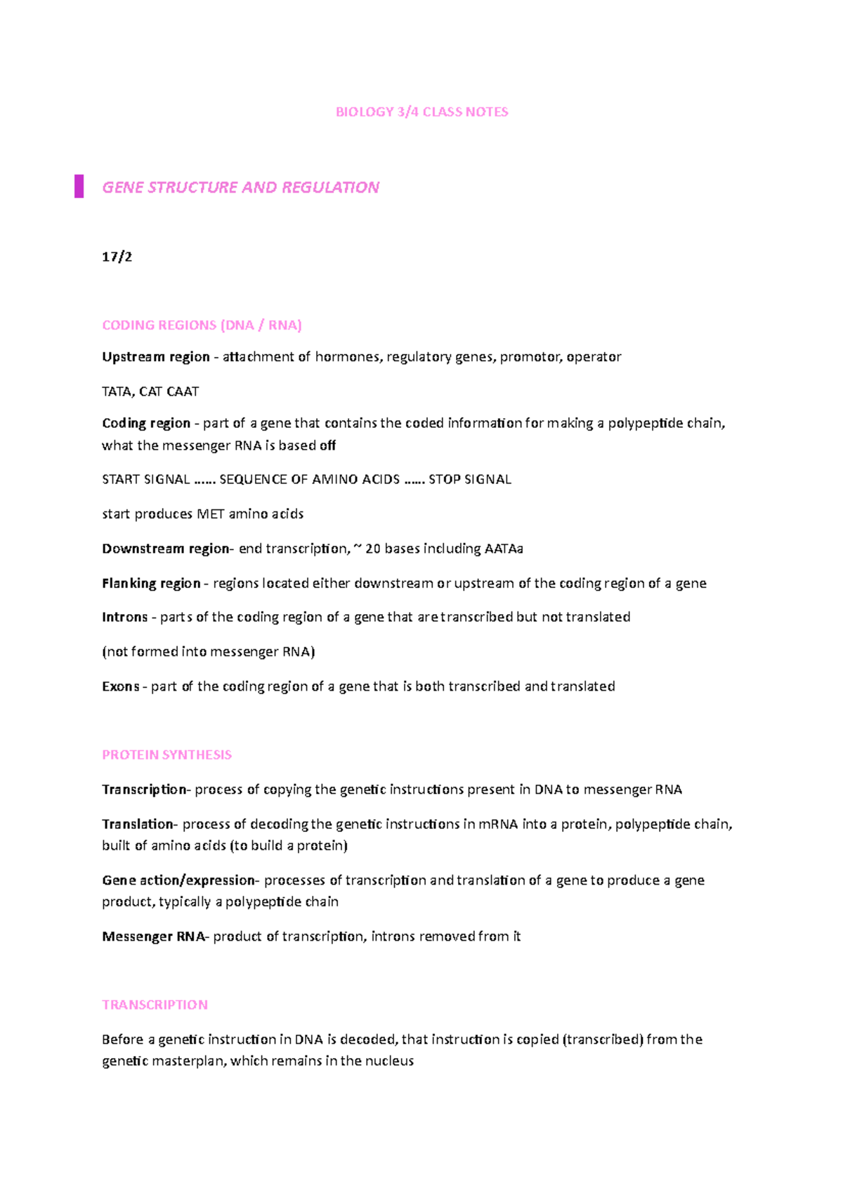 UNIT 3 Notes - BIOLOGY 3/4 CLASS NOTES GENE STRUCTURE AND REGULATION 17 ...