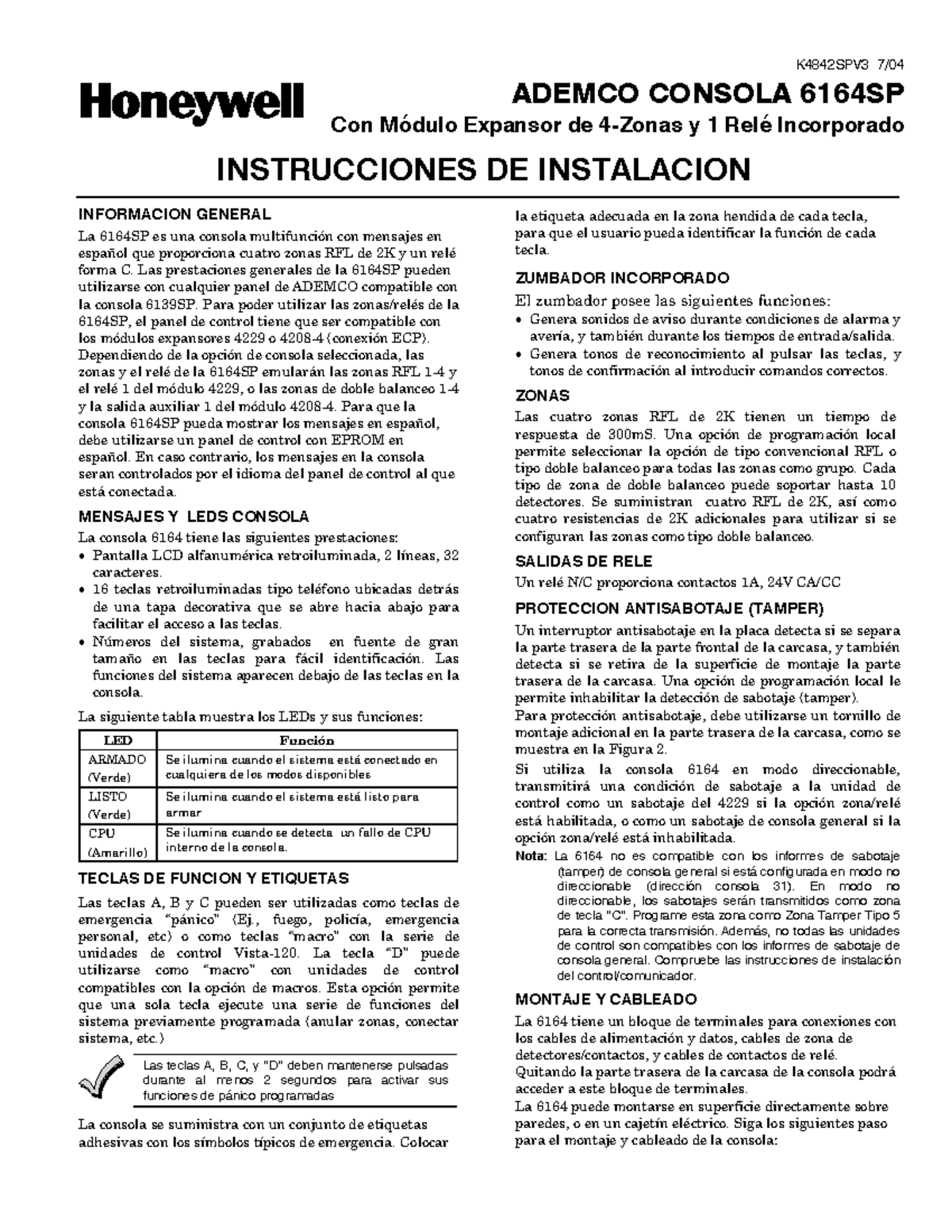 6164SP Installation manual (español) - ####### K4842SPV3 7/ ADEMCO ...