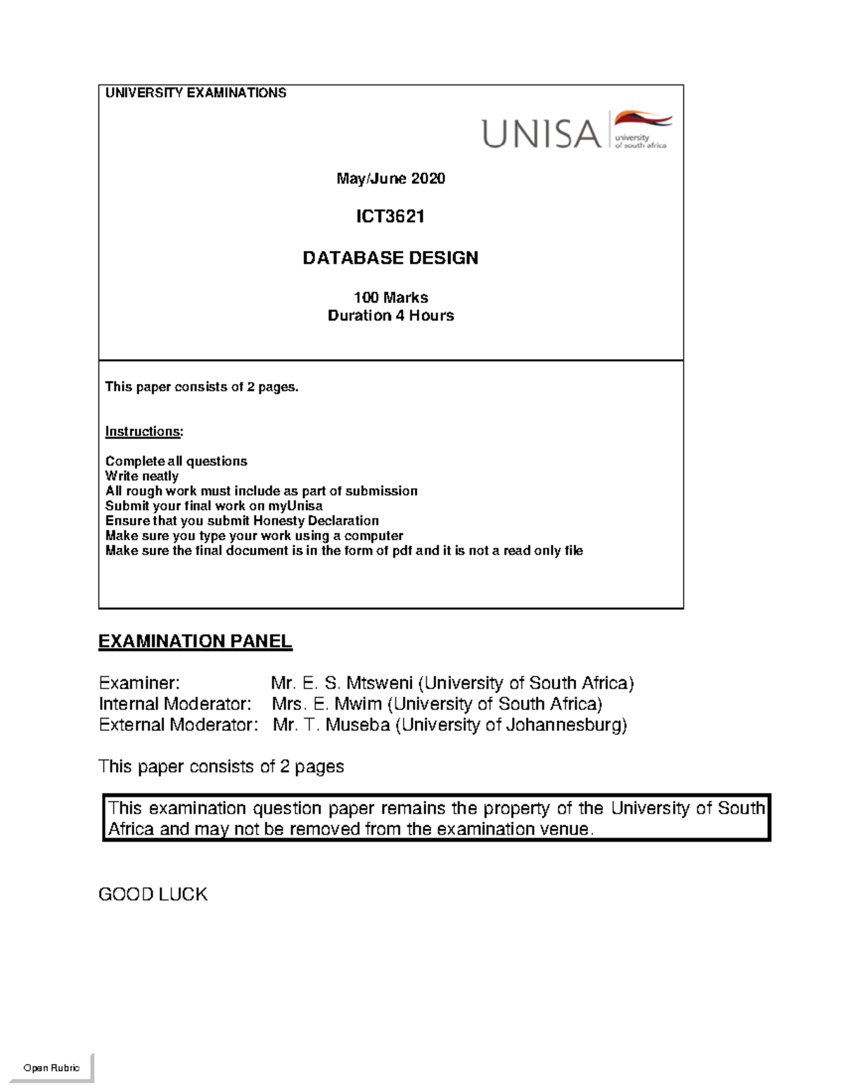 ICT3621 - Practice Materials - UNIVERSITY EXAMINATIONS May/June 2020 ICT DATABASE DESIGN ...