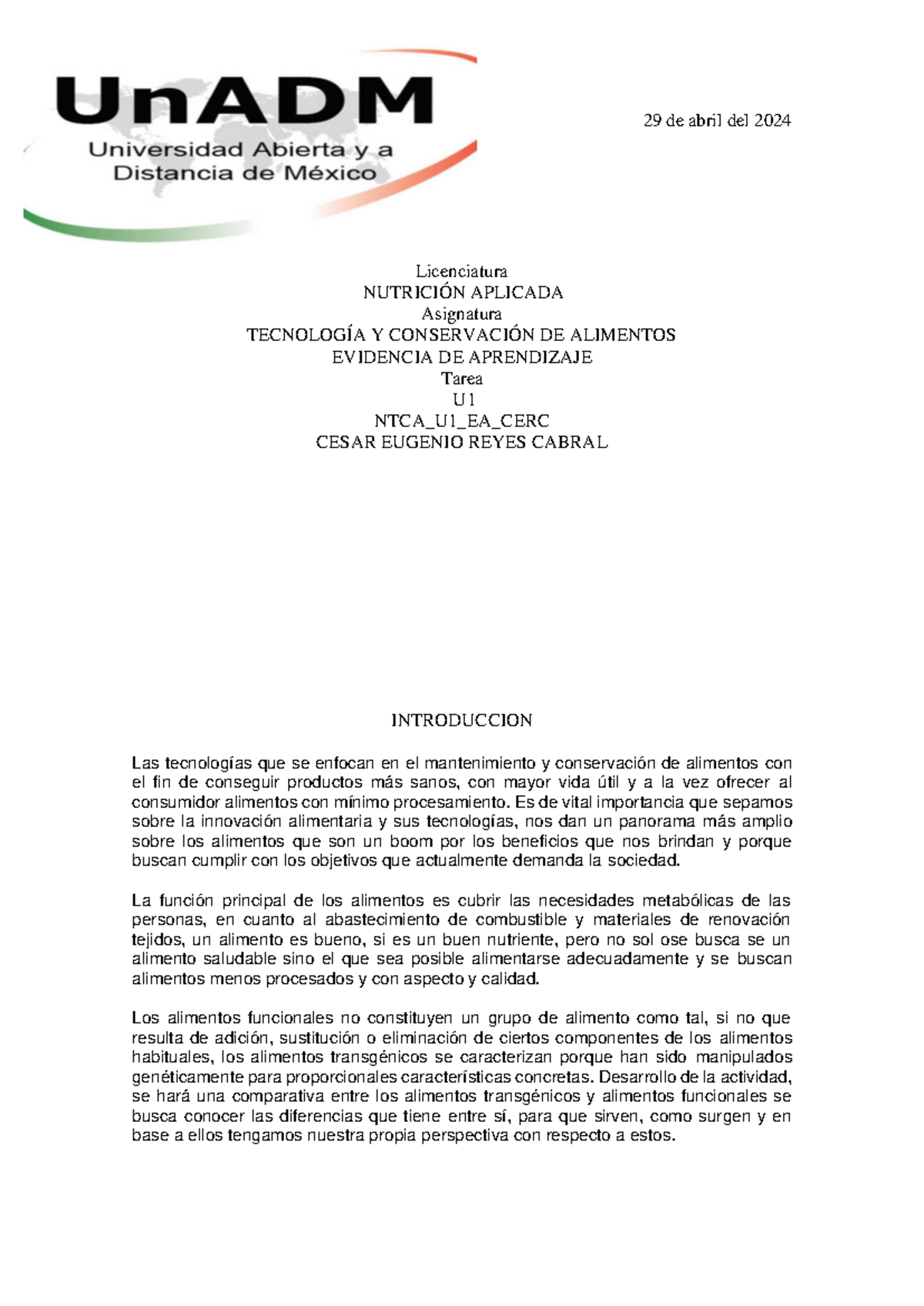 NTCA U1 EA CERC - TAREA - 29 de abril del 2024 Licenciatura NUTRICIÓN APLICADA Asignatura ...
