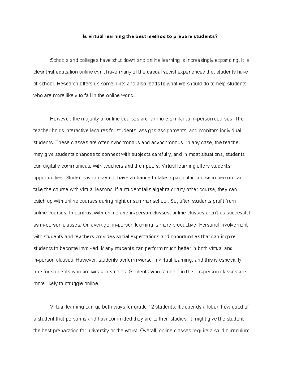 Essay - notes - Is virtual learning the best method to prepare students ...