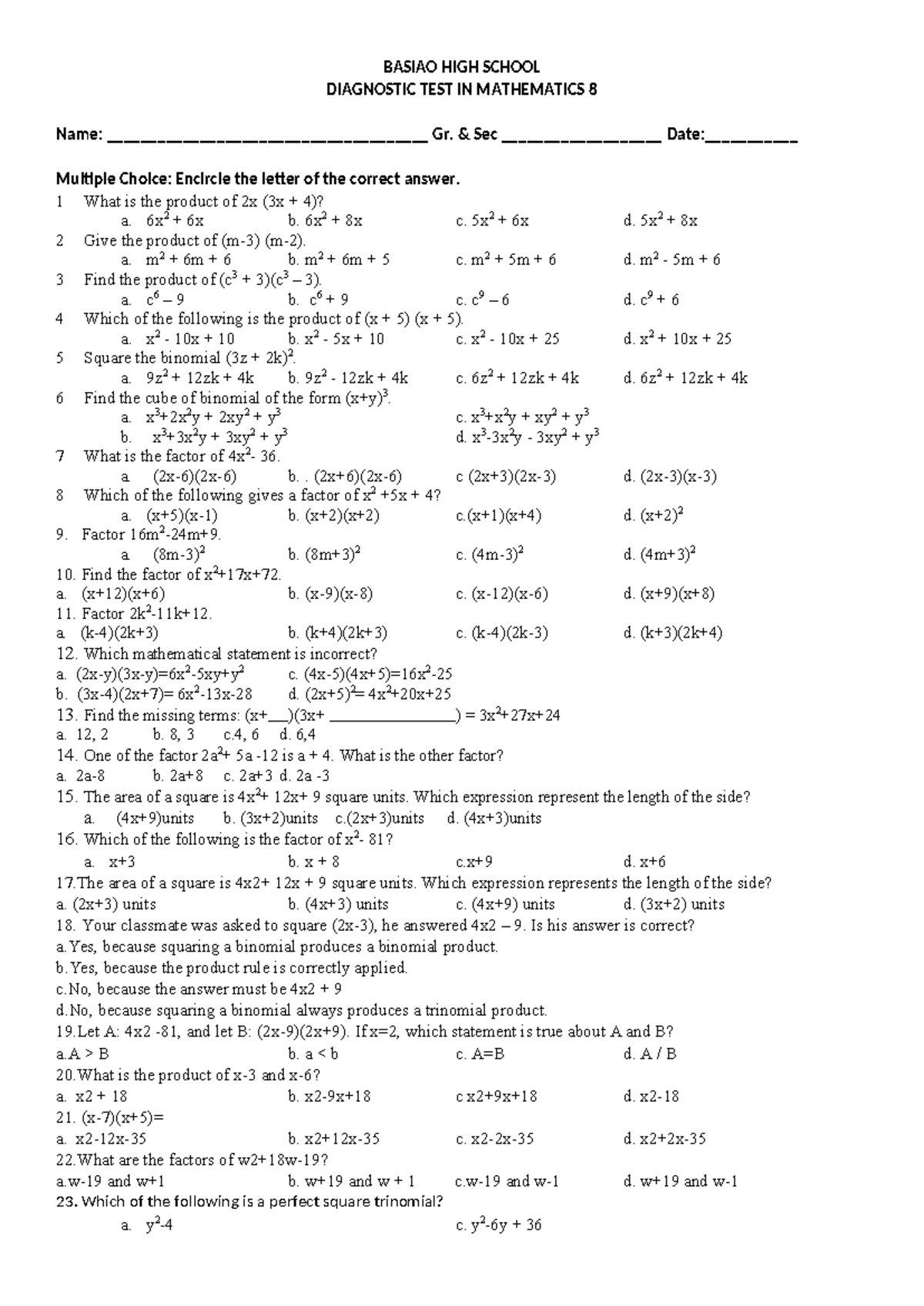 MATH 8 Diagnostic TEST - BASIAO HIGH SCHOOL DIAGNOSTIC TEST IN ...