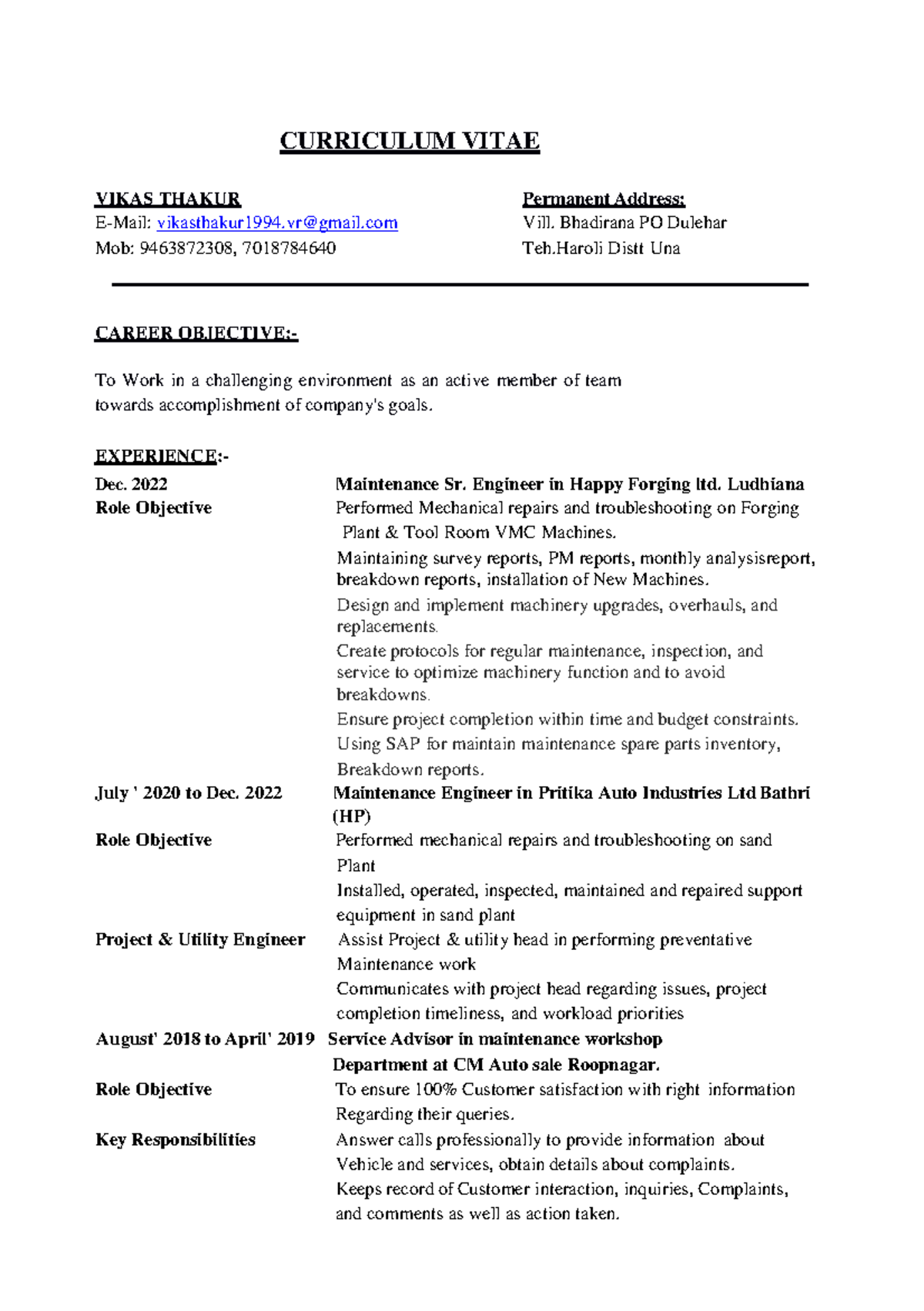 Vikas new resume-converted-3 - CURRICULUM VITAE VIKAS THAKUR Permanent Address: E-Mail: - Studocu