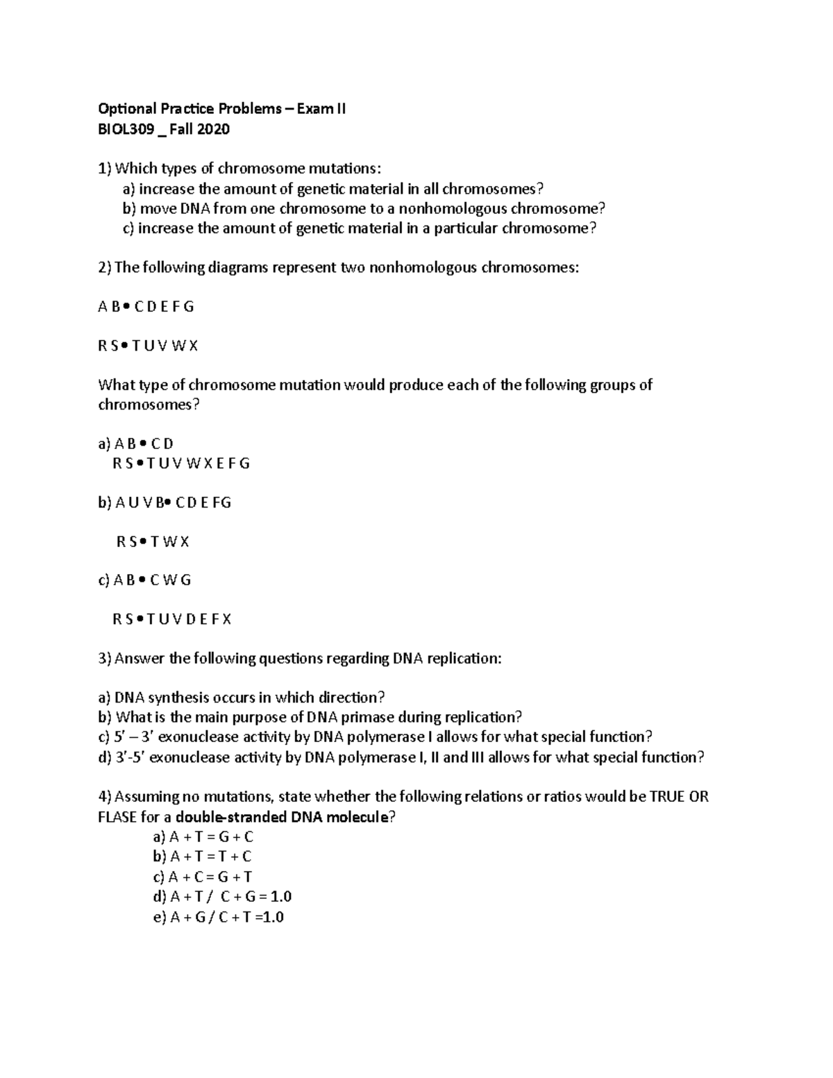 Optional Practice Problems Exam II - Optional Practice Problems – Exam II BIOL309 _ Fall 2020 ...