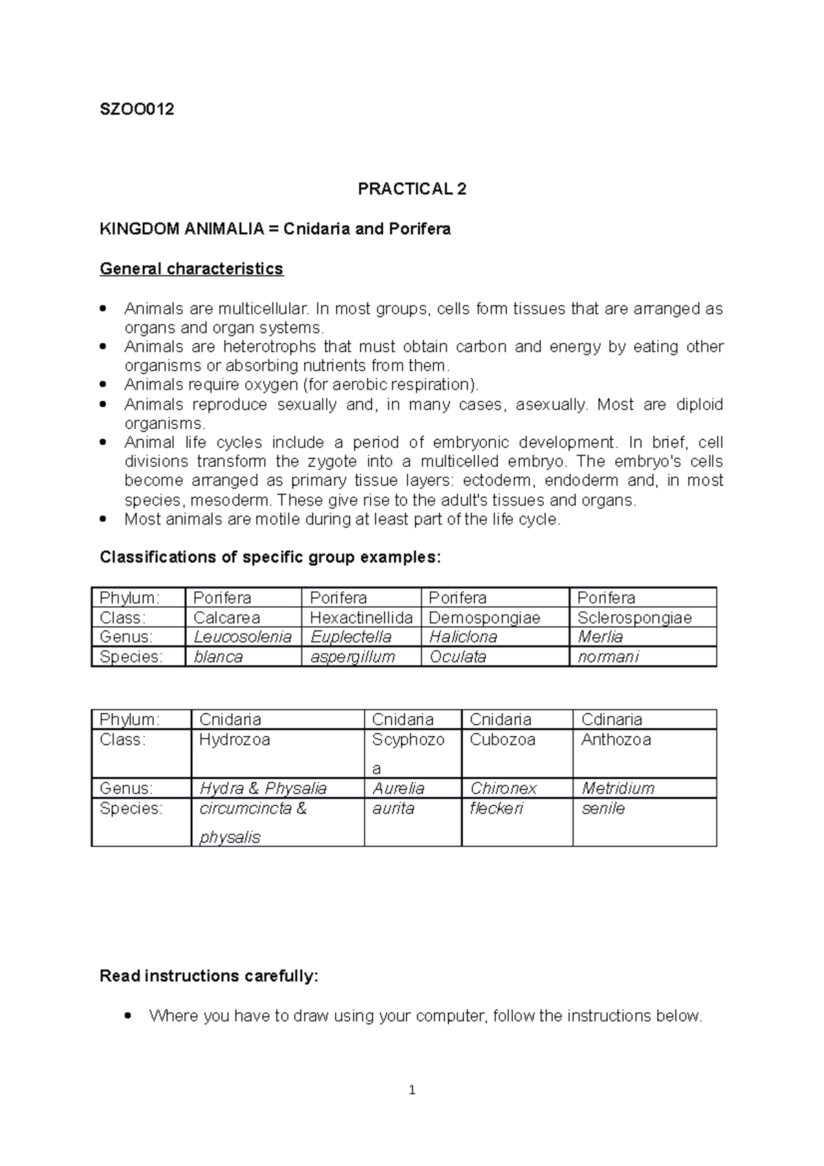 Prac 2 Porifera, Ctenophora and Cnidaria - SZOO PRACTICAL 2 KINGDOM ...