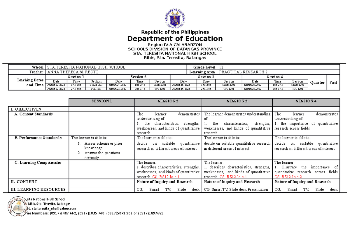PR2 Week 1 August 22 August 26 - Department of Education Region IV-A ...