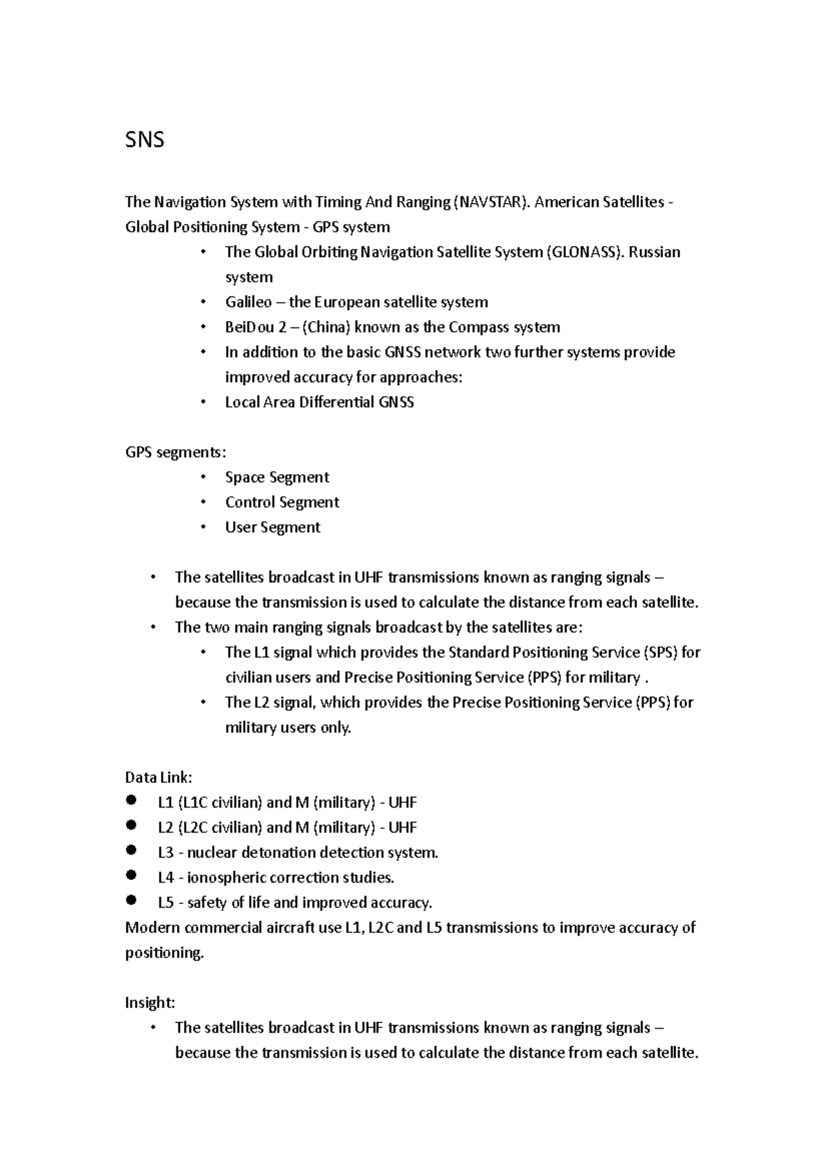SNS - Notes for the course - SNS The Navigation System with Timing And ...