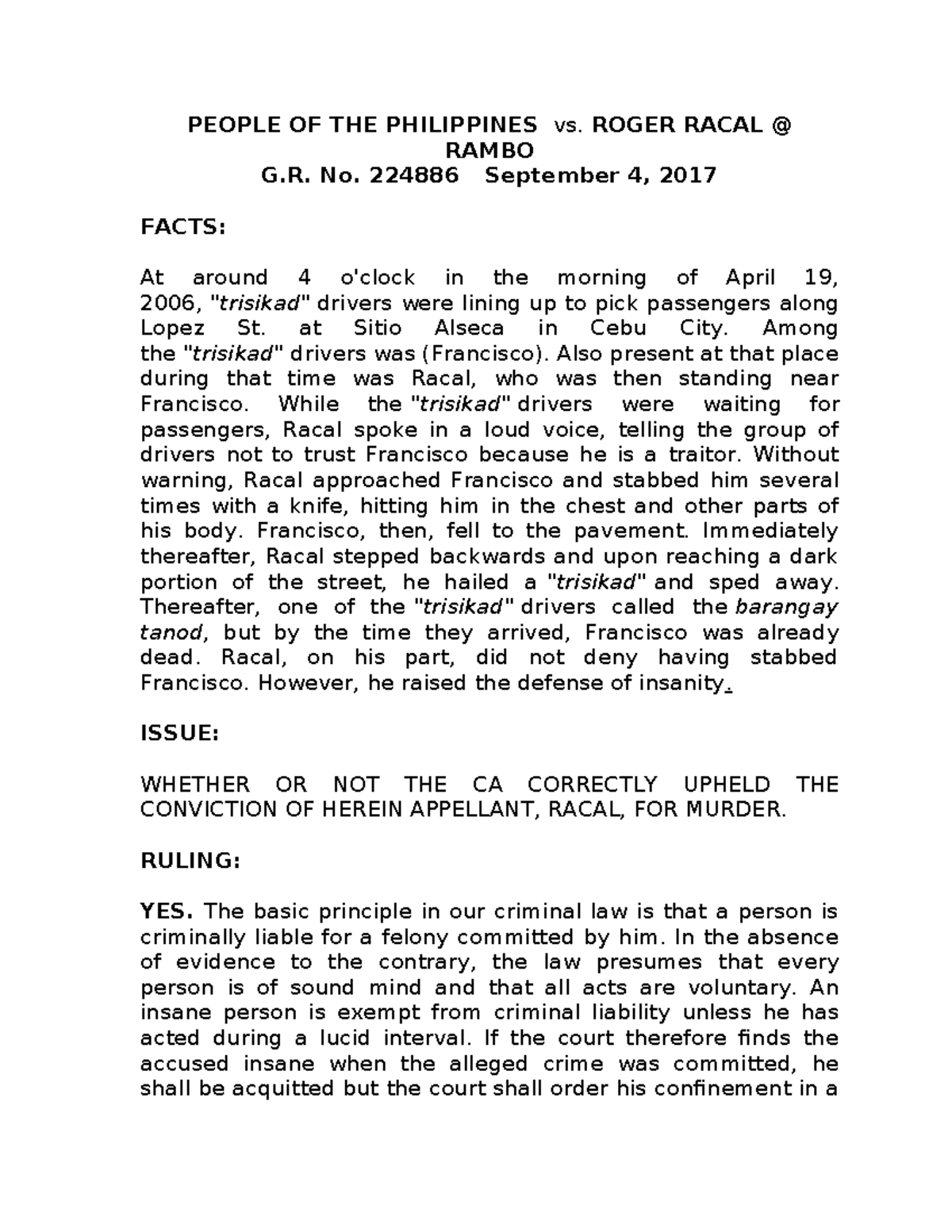 (19) People of the Philippines vs. Roger Racal - PEOPLE OF THE ...