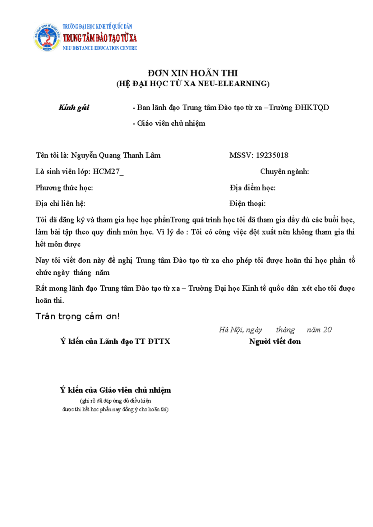 13. DON HOAN THI - gnhj - ĐƠN XIN HOÃN THI (HỆ ĐẠI HỌC TỪ XA NEU ...