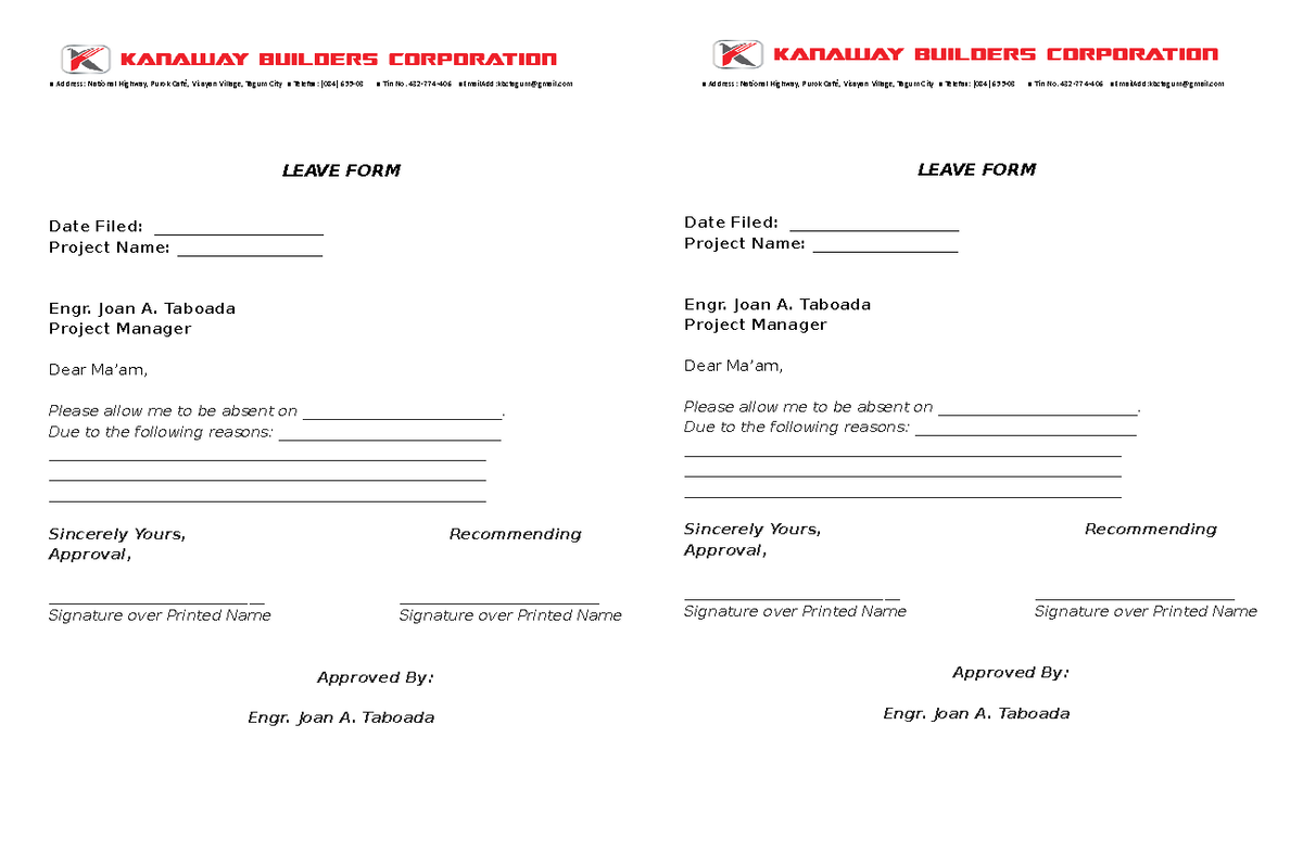 Leave-FORM - Leave Form - Address: National Highway, Purok Café ...