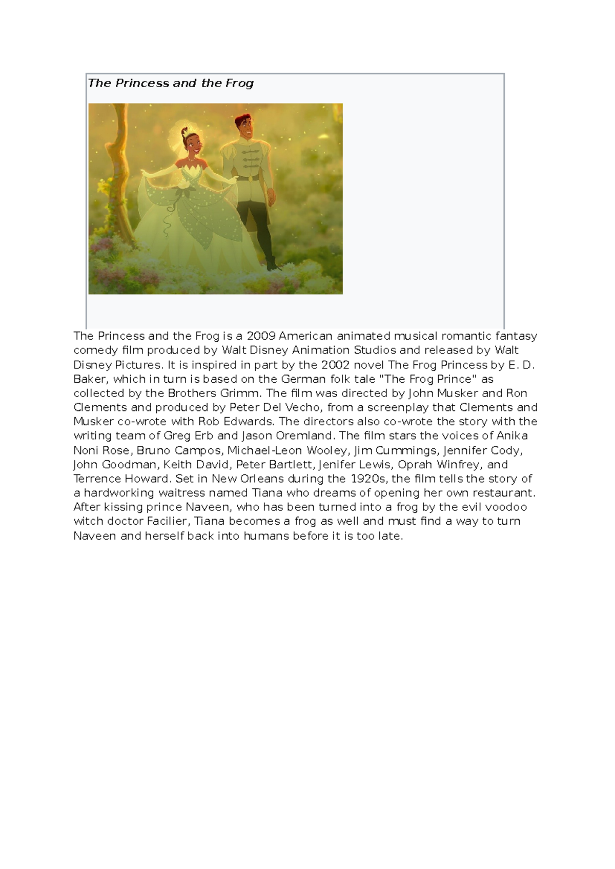 Princess and the frog - It is inspired in part by the 2002 novel The ...