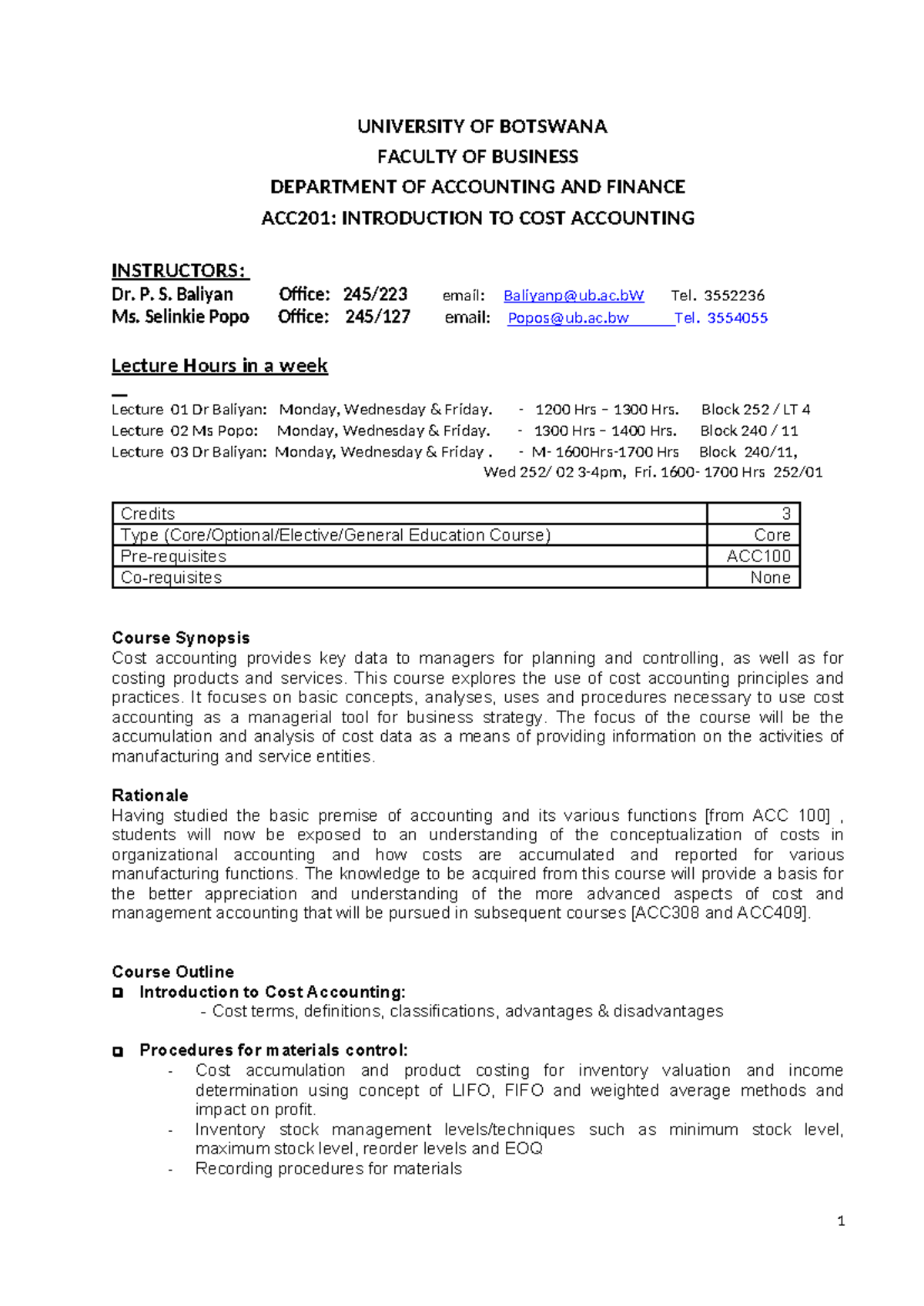 ACC 201 Course Outline 2024 - UNIVERSITY OF BOTSWANA FACULTY OF ...