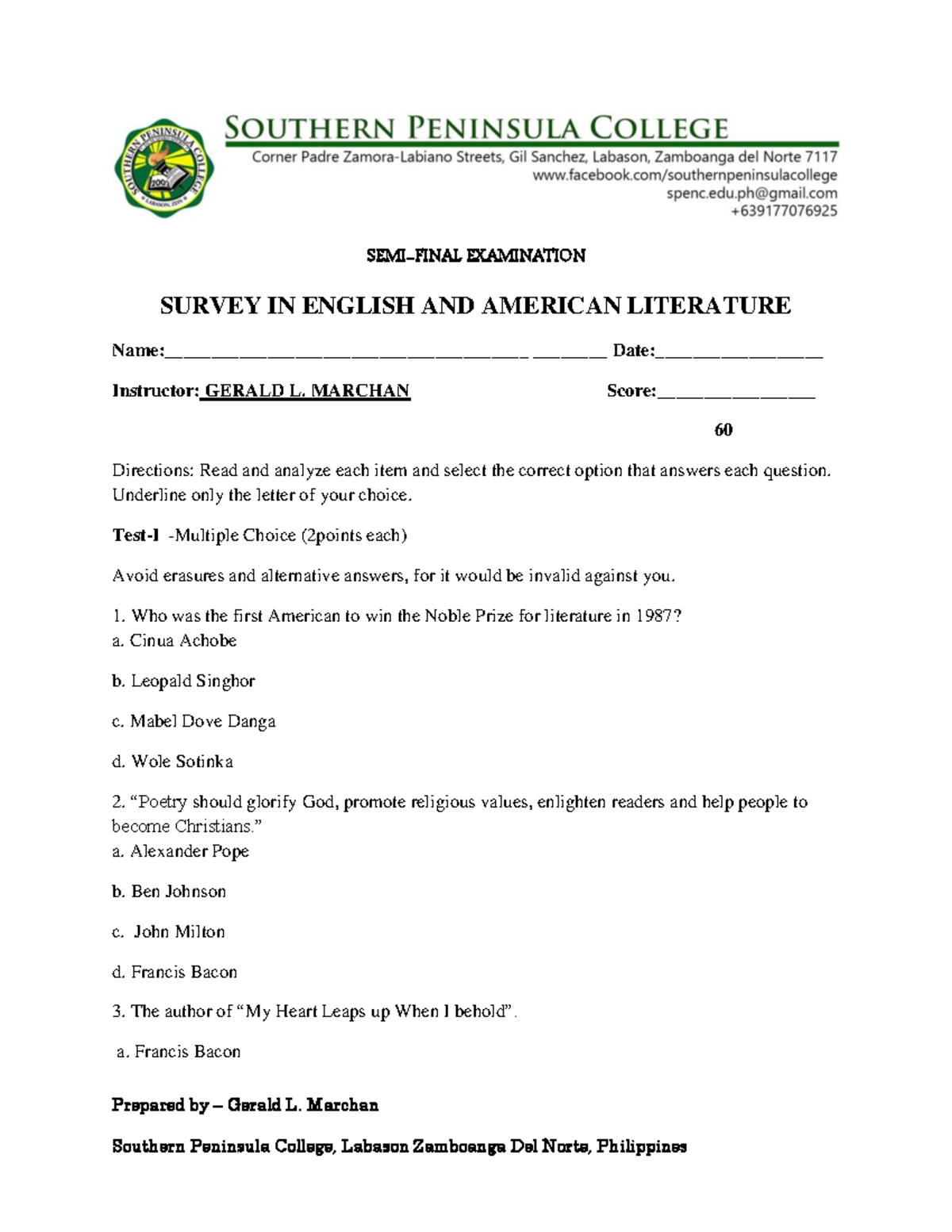 Marchan- Survey IN English AND American Literature SEMI- Final ...