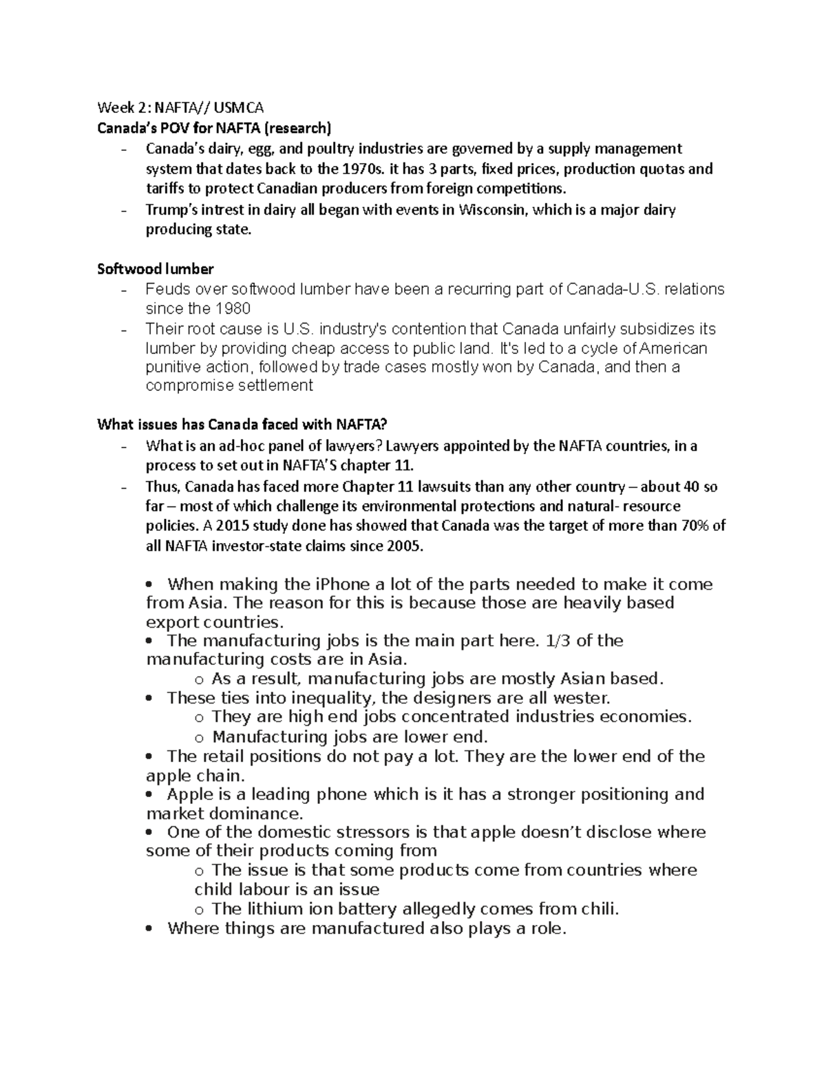 IB notes - Week 2: NAFTA// USMCA Canada’s POV for NAFTA (research ...