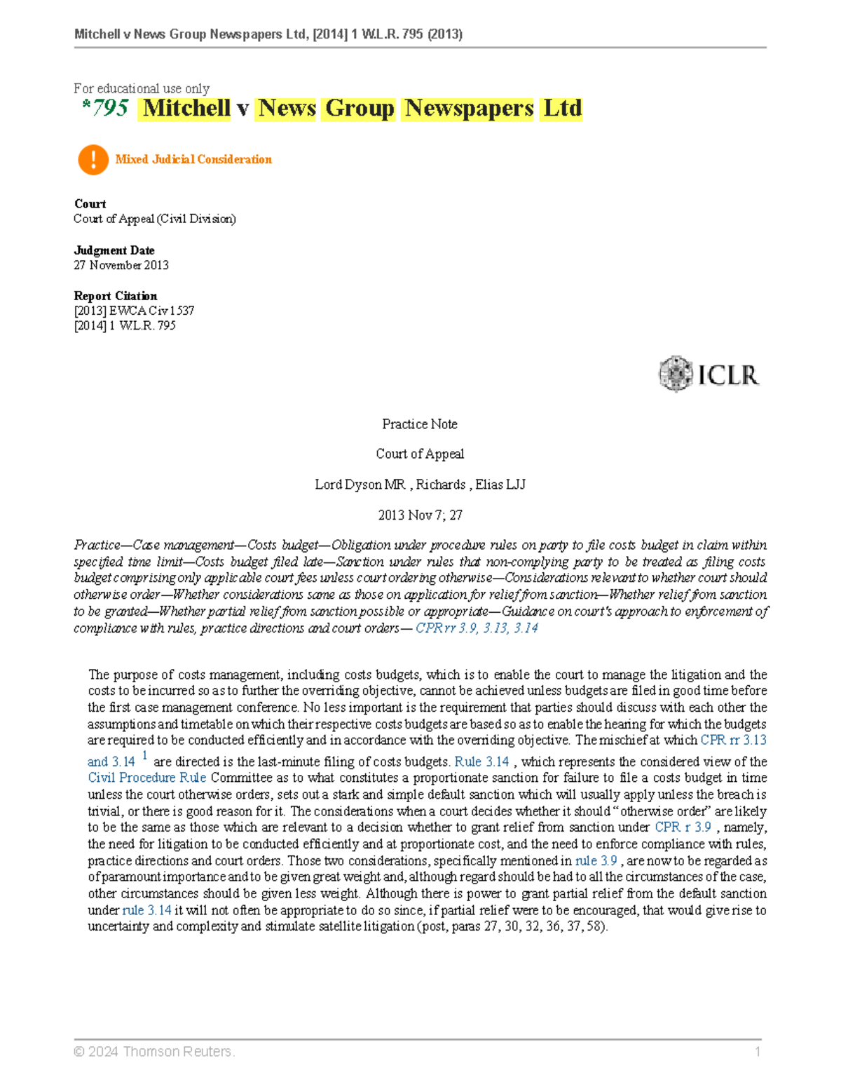 Mitchell v News Group Newspapers Ltd - L. 795 Practice Note Court of ...