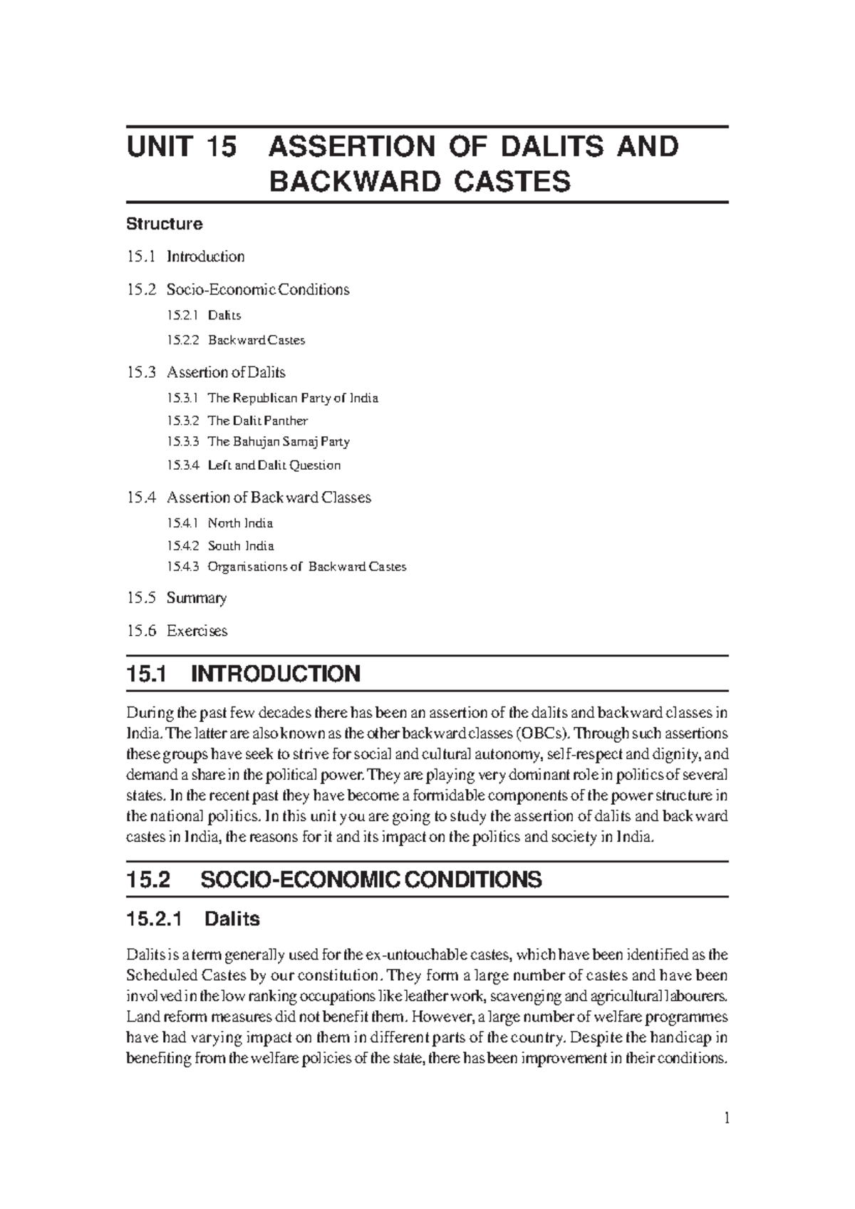 Unit-15 - ignou - UNIT 15 ASSERTION OF DALITS AND BACKWARD CASTES ...
