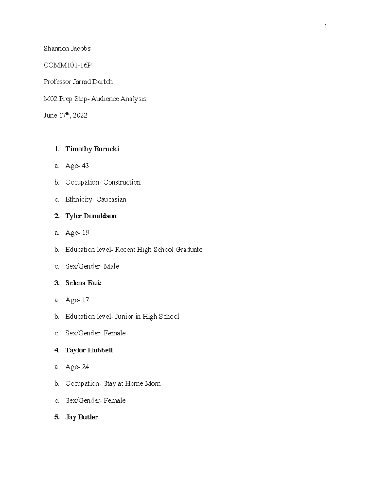 M02 PREP STEP - Audience Analysis Shannon Jacobs - 1 Shannon Jacobs COMM101-16P Professor Jarrad ...
