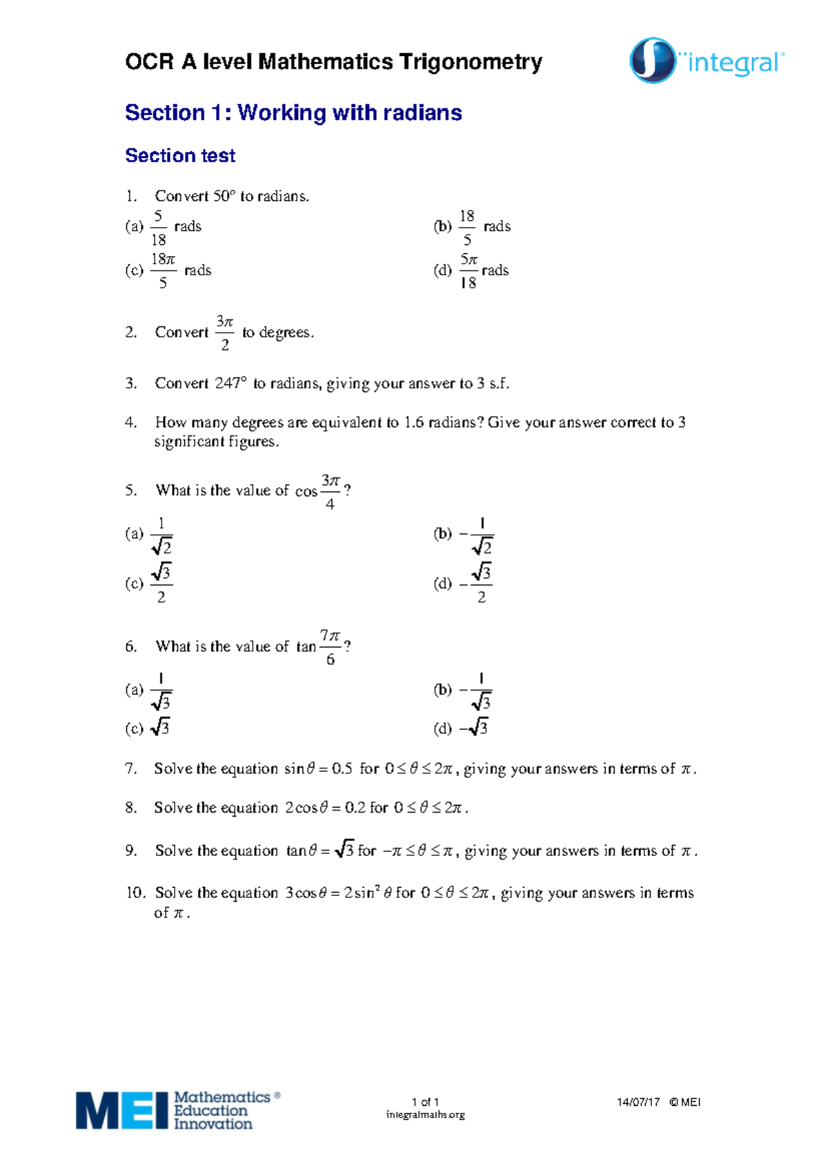 OCR Pure Test T1 - Intergral online test - OCR A level Mathematics ...