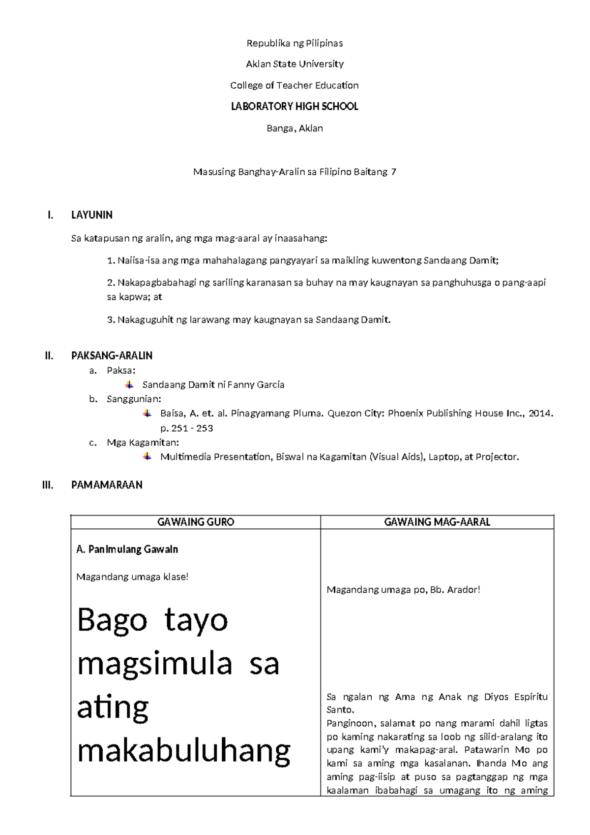 Sandaang Damit ni Fanny Garcia (Lesson Plan) - Republika ng Pilipinas ...