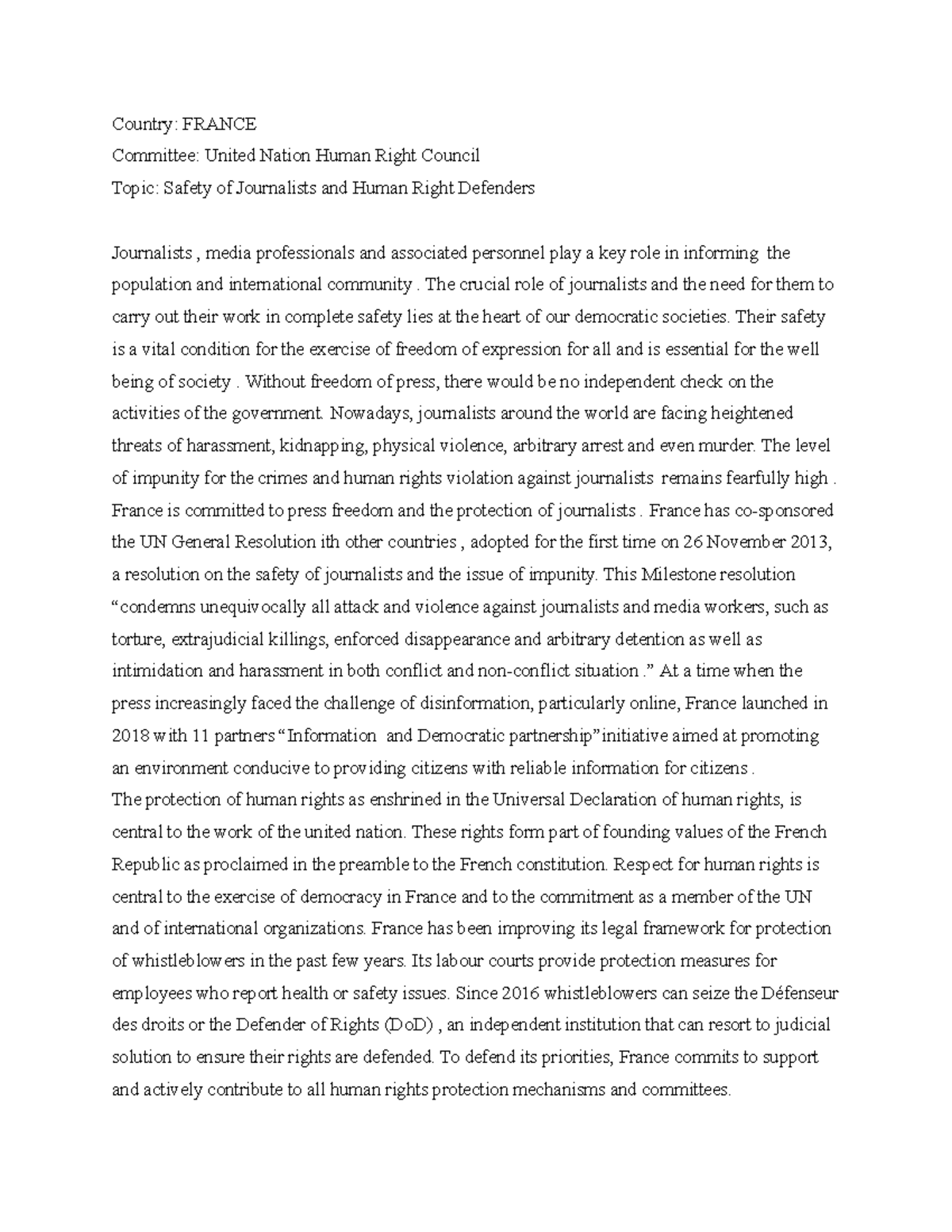 France Position Paper - Notes - Country: FRANCE Committee: United ...