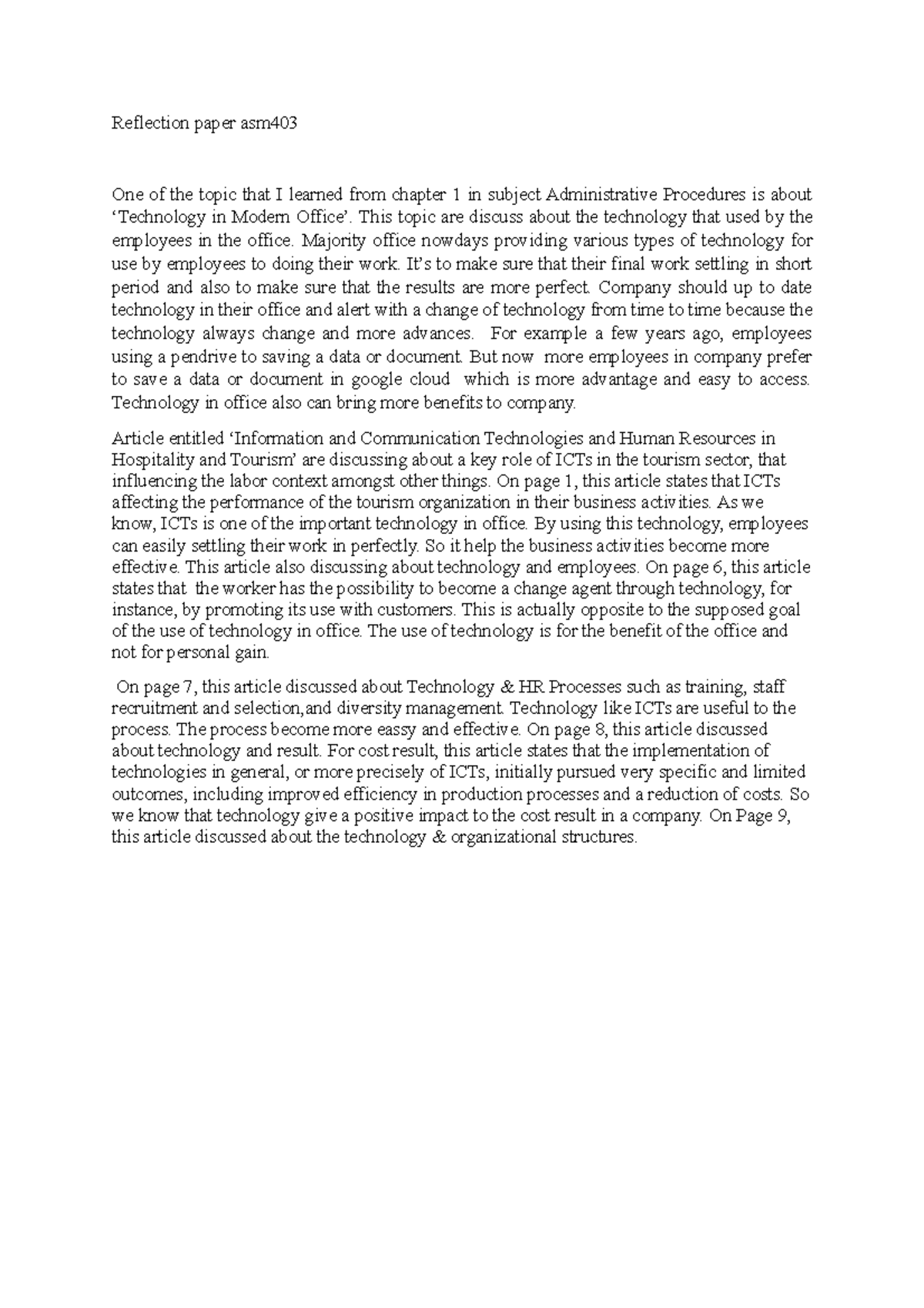 Reflection paper asm403 - Reflection paper asm One of the topic that I ...