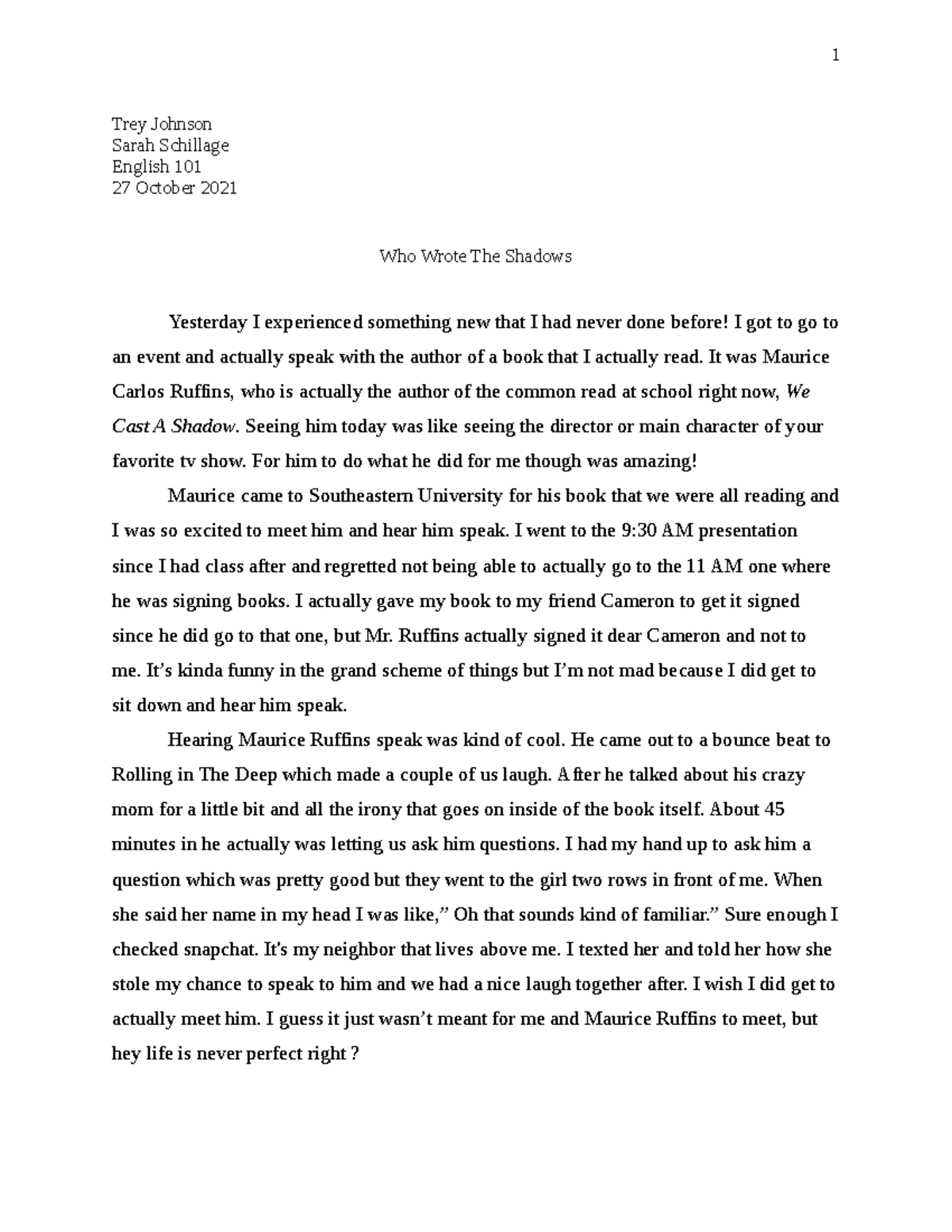 Who Wrote The Shadows - Essay #2 for who cast a shadow for Sarah ...