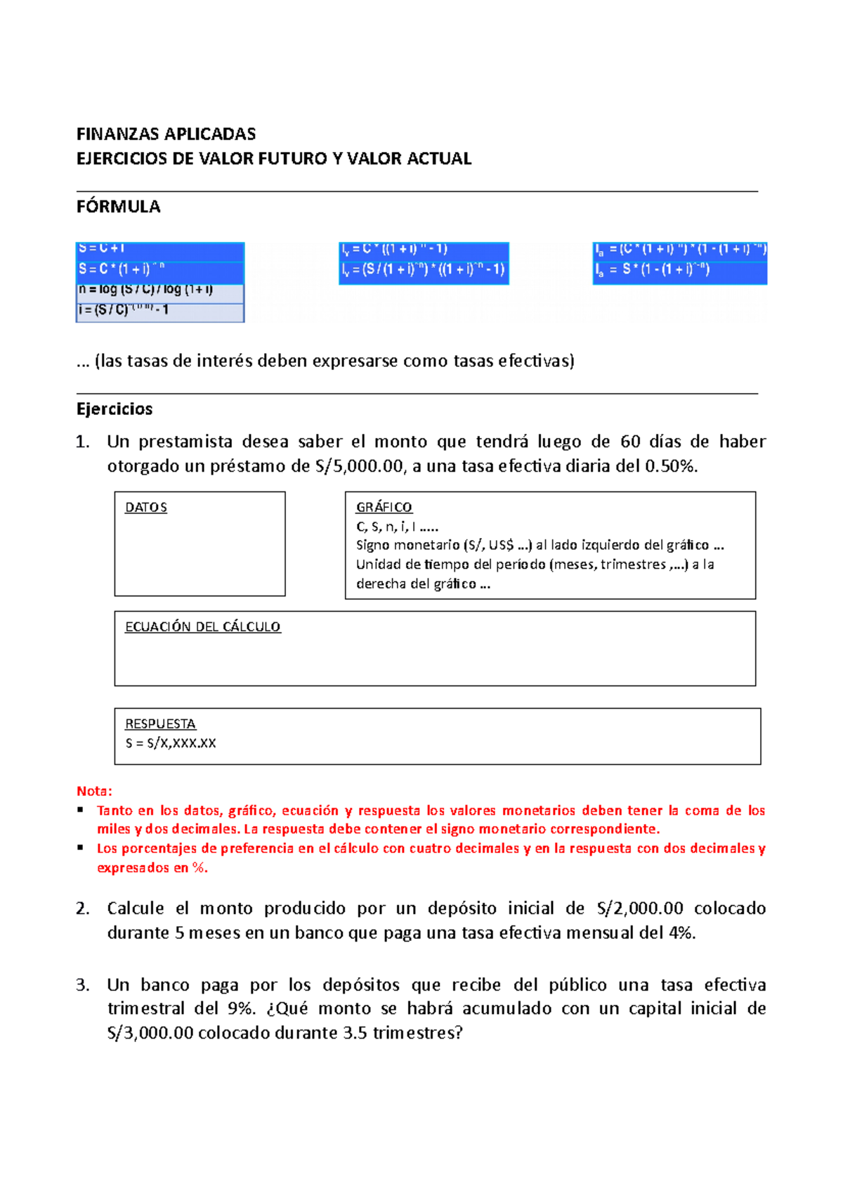 S06.s1 - Ejercicios de valor futuro y valor presente - FINANZAS APLICADAS EJERCICIOS DE VALOR ...