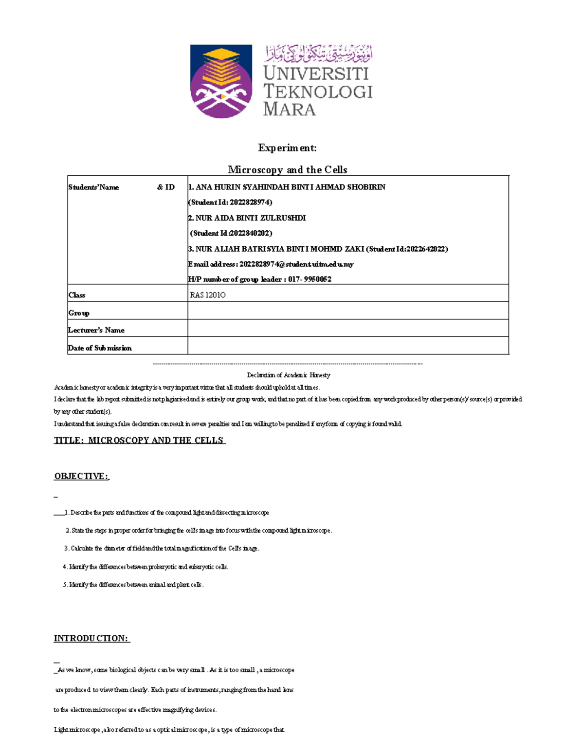 4. BIO122 Lab Report draft experiment 1 - BIO HISTOLOGY OF CELLS AND ...