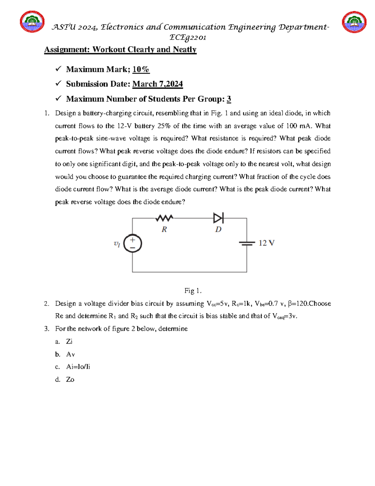 Circuit Assignment 2024 - ASTU 2024, Electronics and Communication Engineering Department- ECEg ...