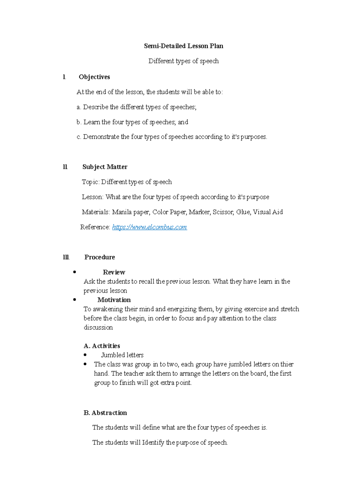 Different types of Speech Semi-detailed Lesson Plan - Semi-Detailed ...