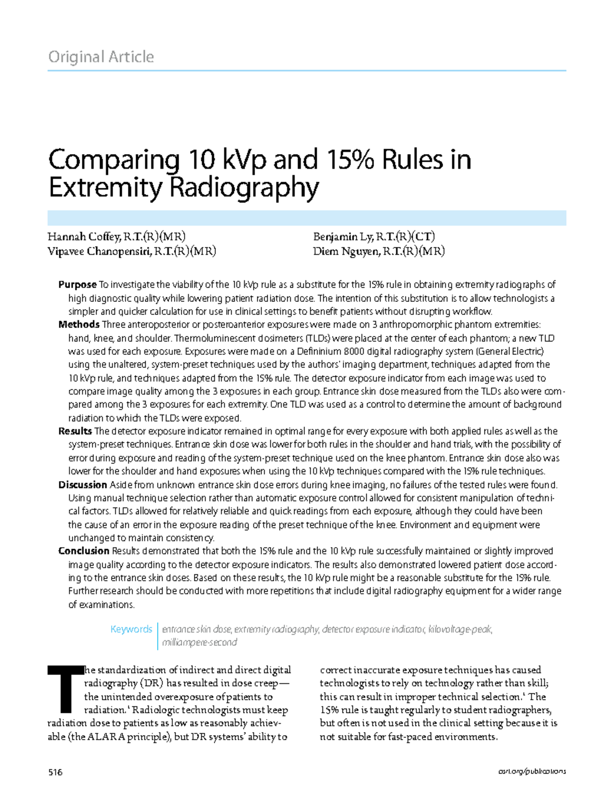 Comparing 10 k Vp and 15% Rules in Extremity Radiography - 516 asrt/publications Keywords ...