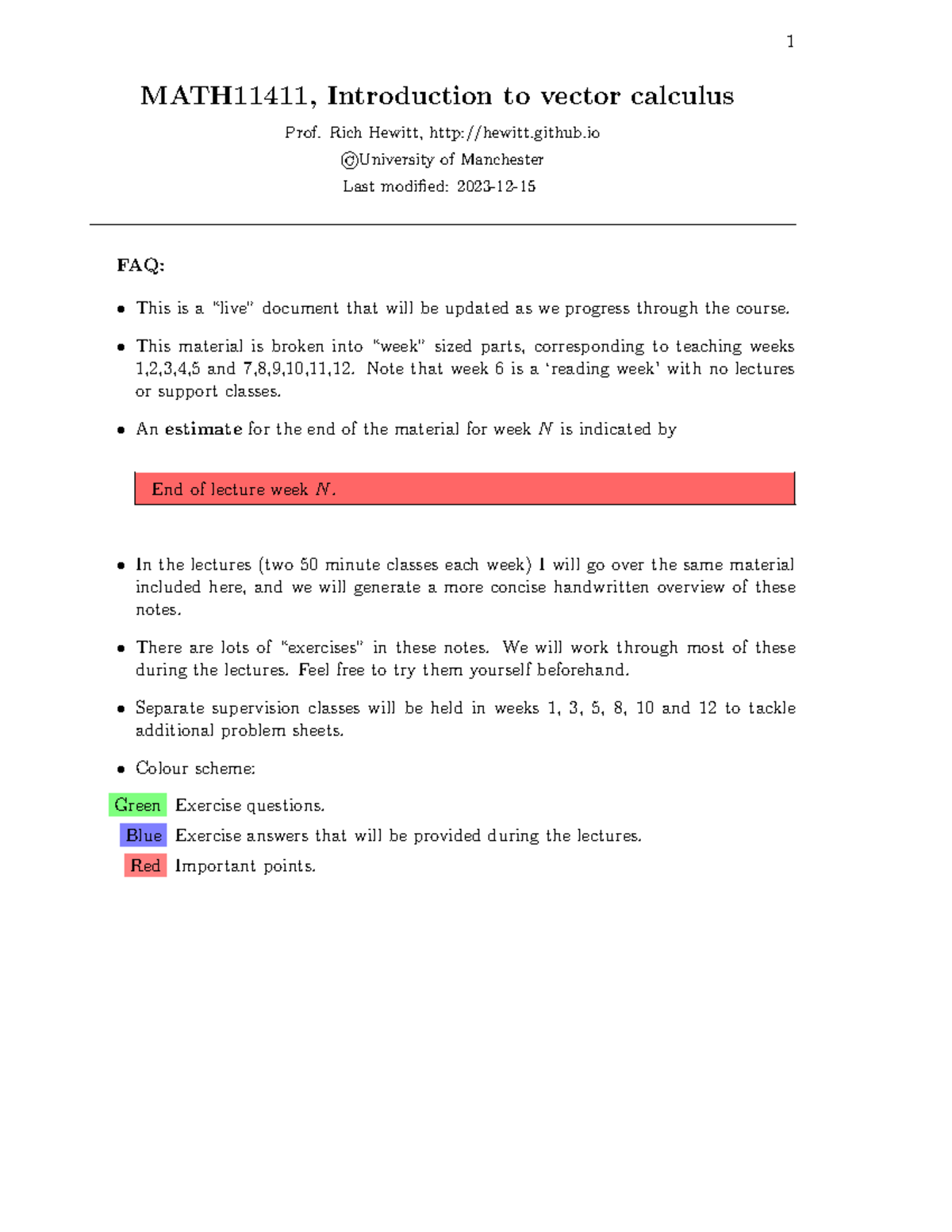 Notes - 1 MATH11411, Introduction to vector calculus Prof. Rich Hewitt ...