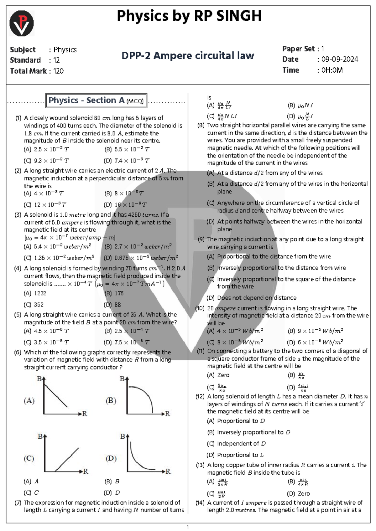 DPP-2 Ampere circuital law 1725855725 - Physics by RP SINGH Subject : Physics Standard : 12 ...