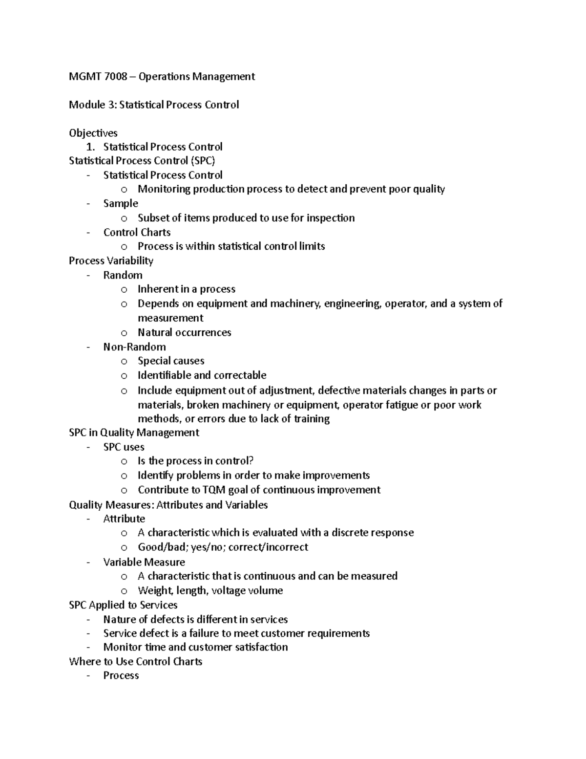MGMT 7008 - Module 3 - MGMT 7008 – Operations Management Module 3: Statistical Process Control ...