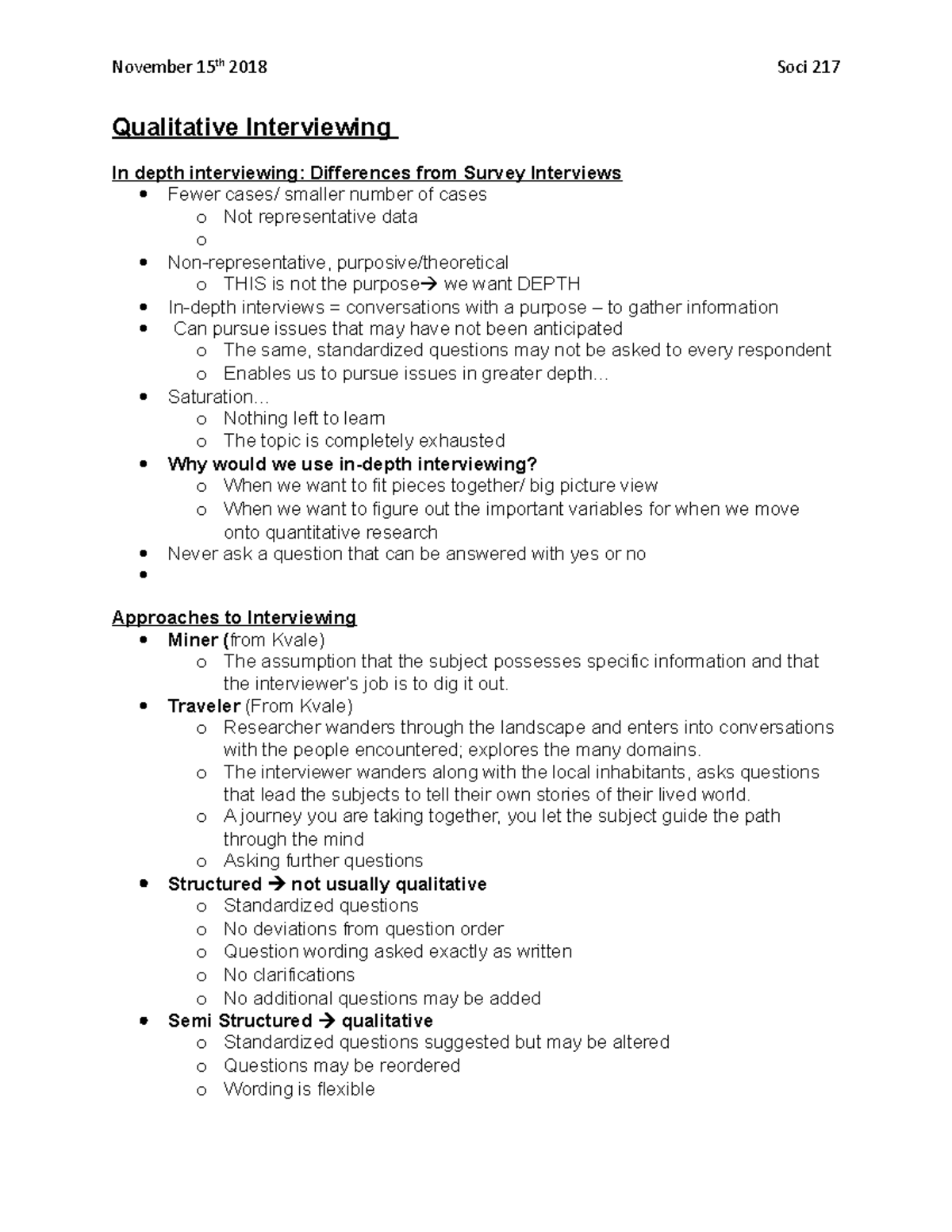 Sociology 217 Qualitative Interviews - November 15th 2018 Soci 217 ...