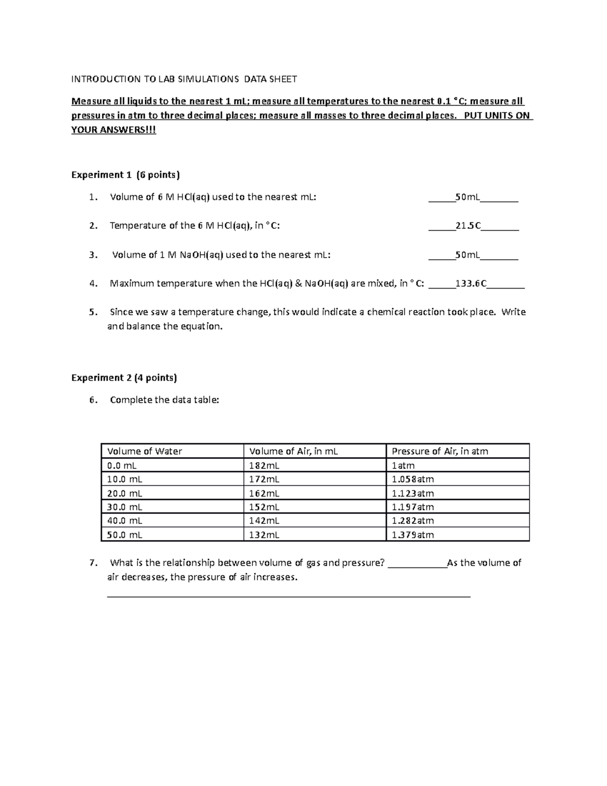 Introduction to Lab Simulations final - INTRODUCTION TO LAB SIMULATIONS DATA SHEET Measure all ...
