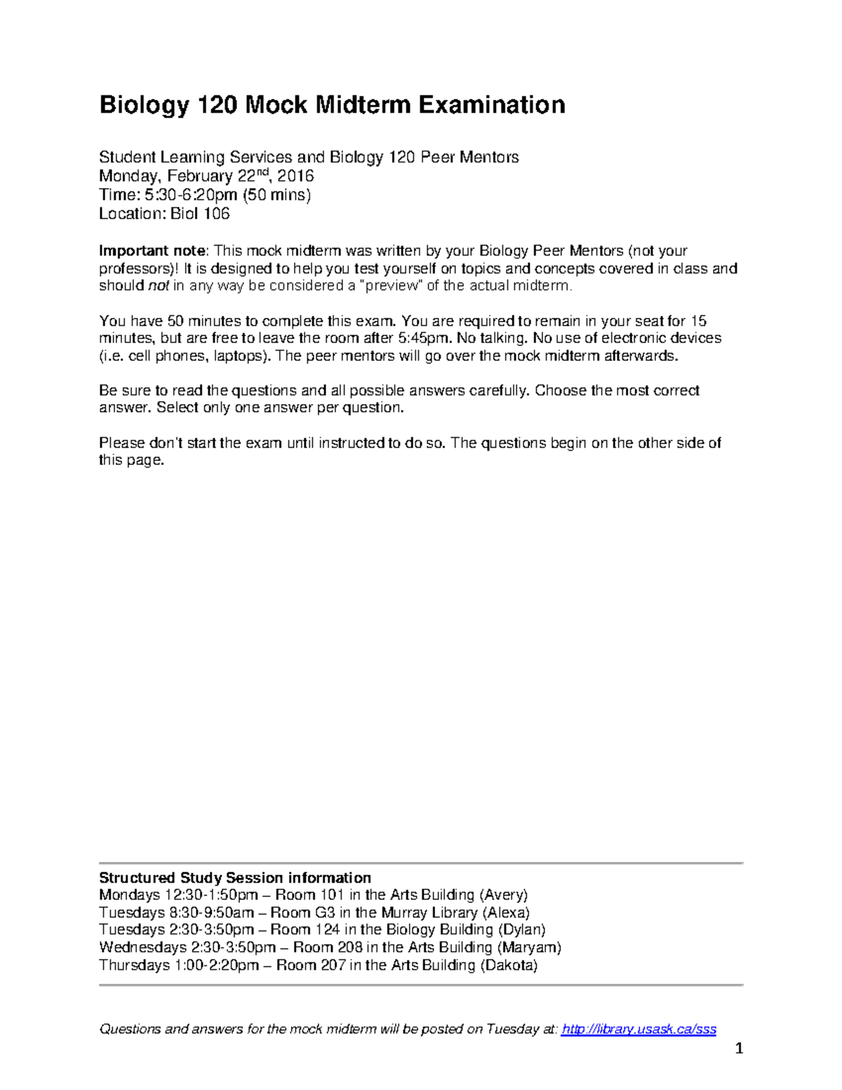 Sample/practice exam 22 February 2016, questions - Mock midterm ...