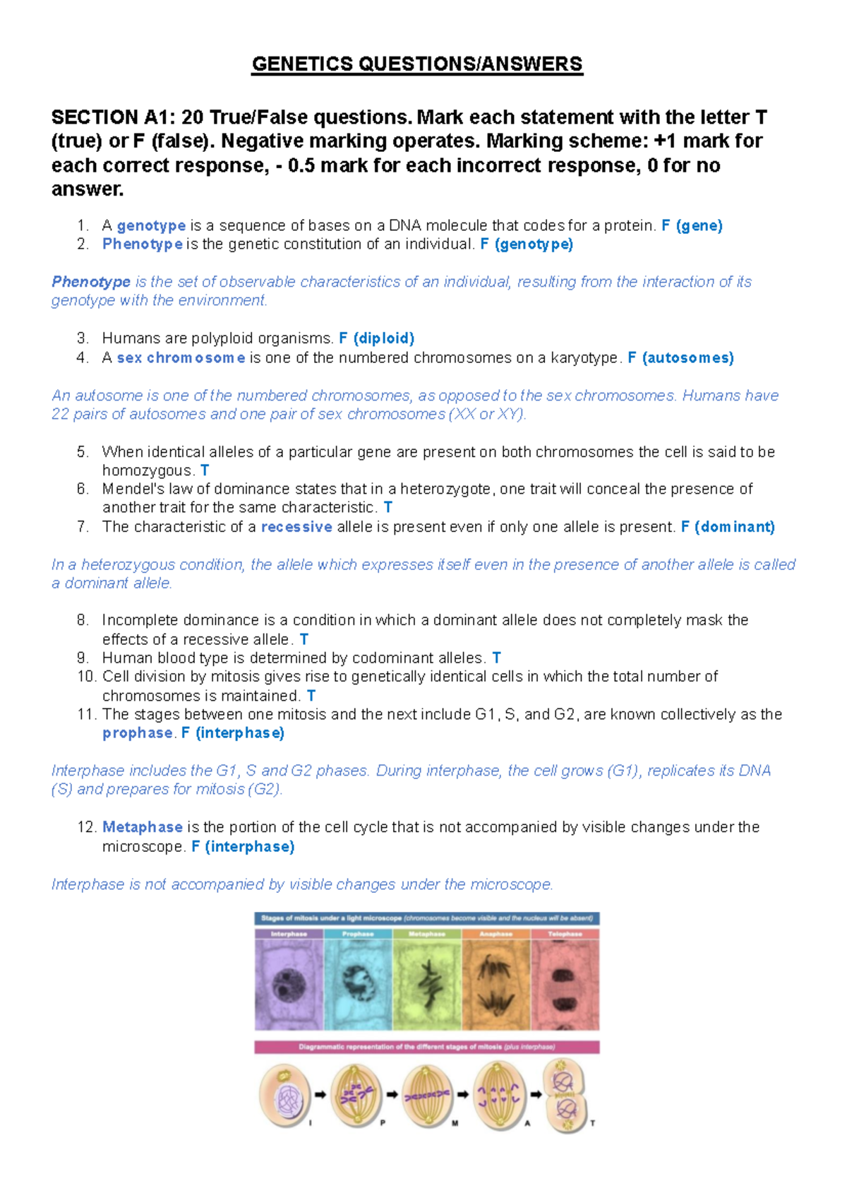 Genetics questions and answers - GENETICS QUESTIONS/ANSWERS SECTION A1 ...