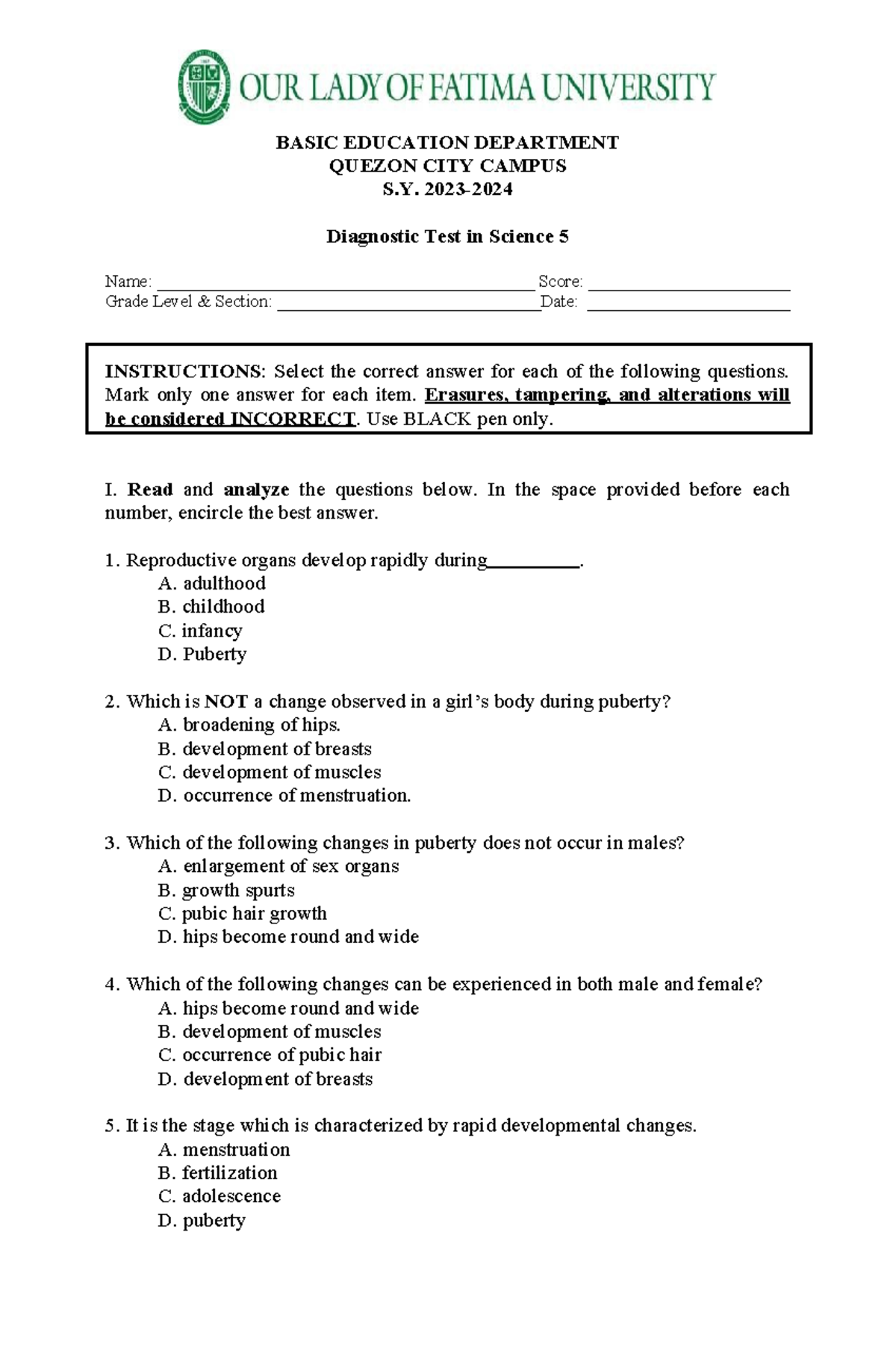 SCI 5 Q2 Diagnostic TEST - BASIC EDUCATION DEPARTMENT QUEZON CITY ...