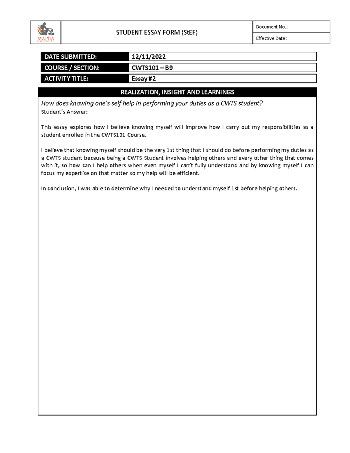 Wong E2 - Essay 2 - STUDENT ESSAY FORM (StEF) Document No.: Effective ...