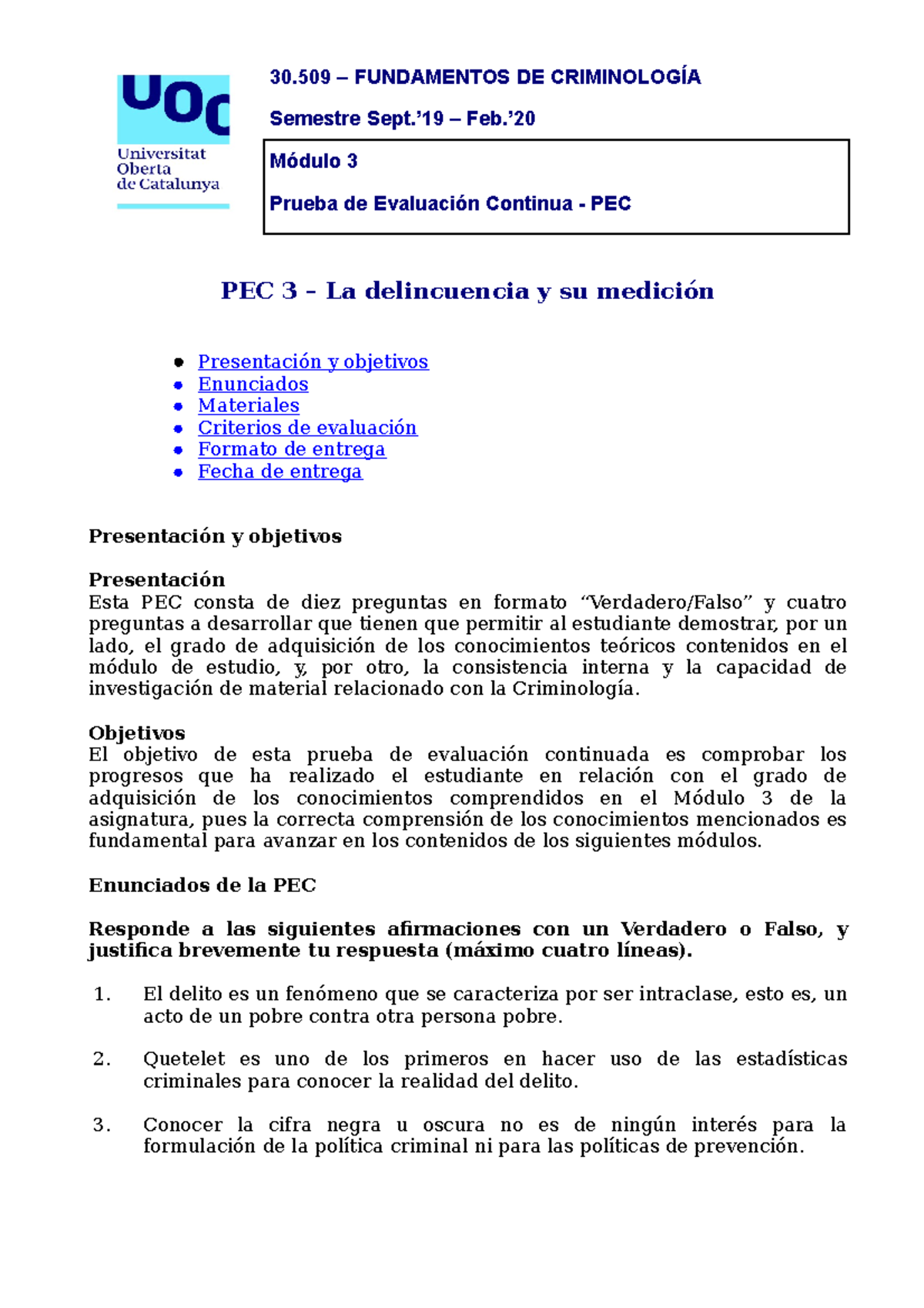 PEC 3 - pec 3 - 30 – FUNDAMENTOS DE CRIMINOLOGÍA Semestre Sept.’19 – Feb.’ Módulo 3 Prueba de ...