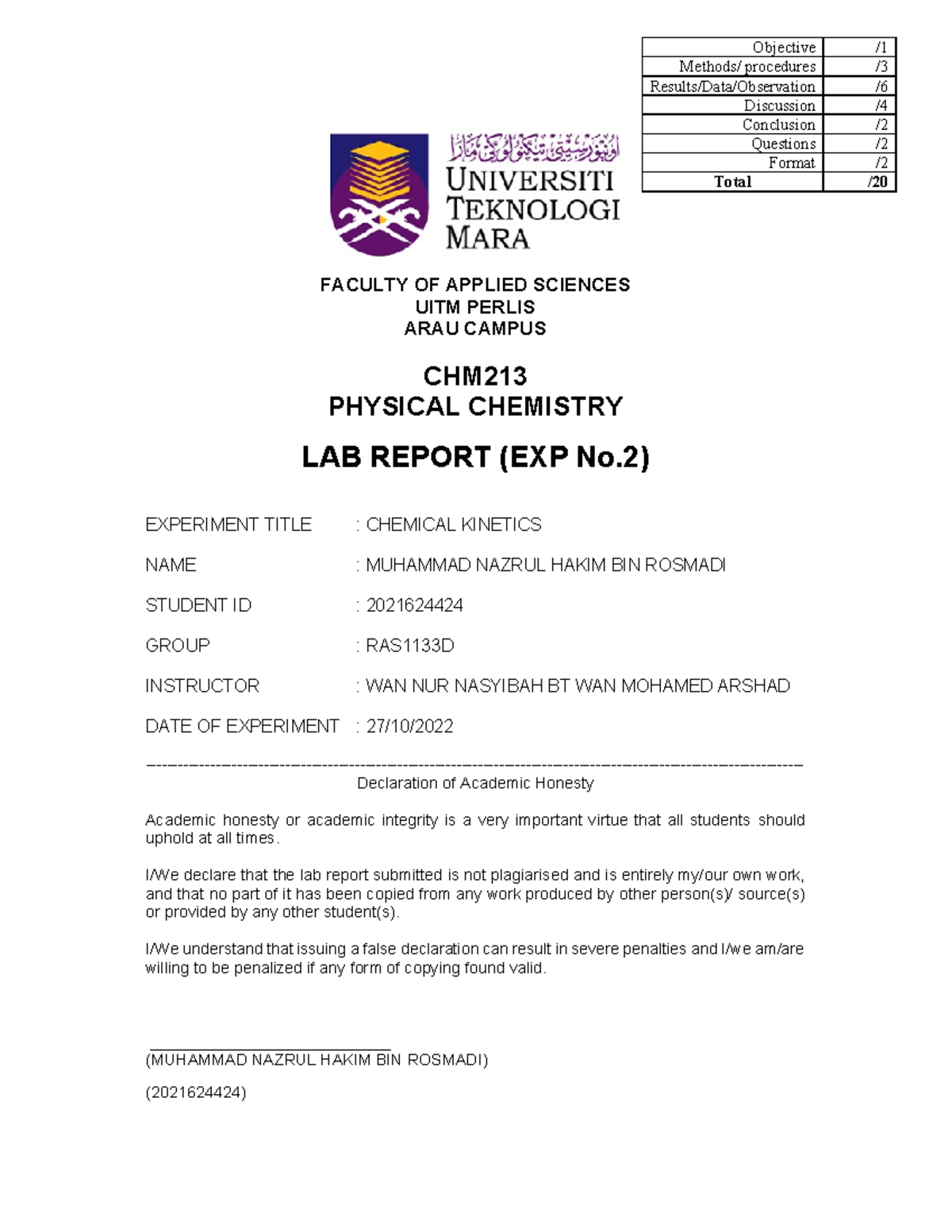 Lab Report Exp 2 Naz - FACULTY OF APPLIED SCIENCES UITM PERLIS ARAU ...