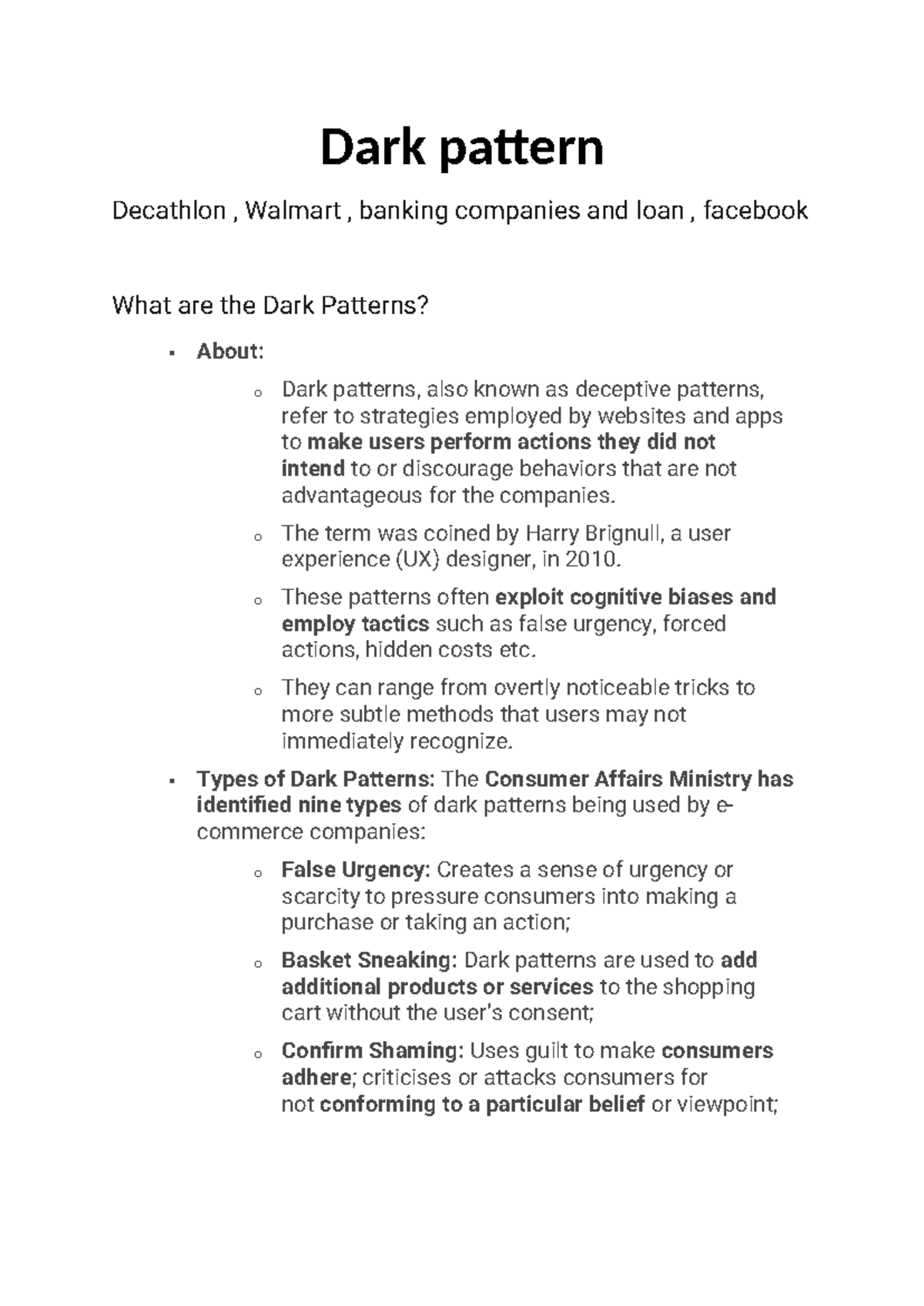 Dark pattern - o The term was coined by Harry Brignull, a user ...