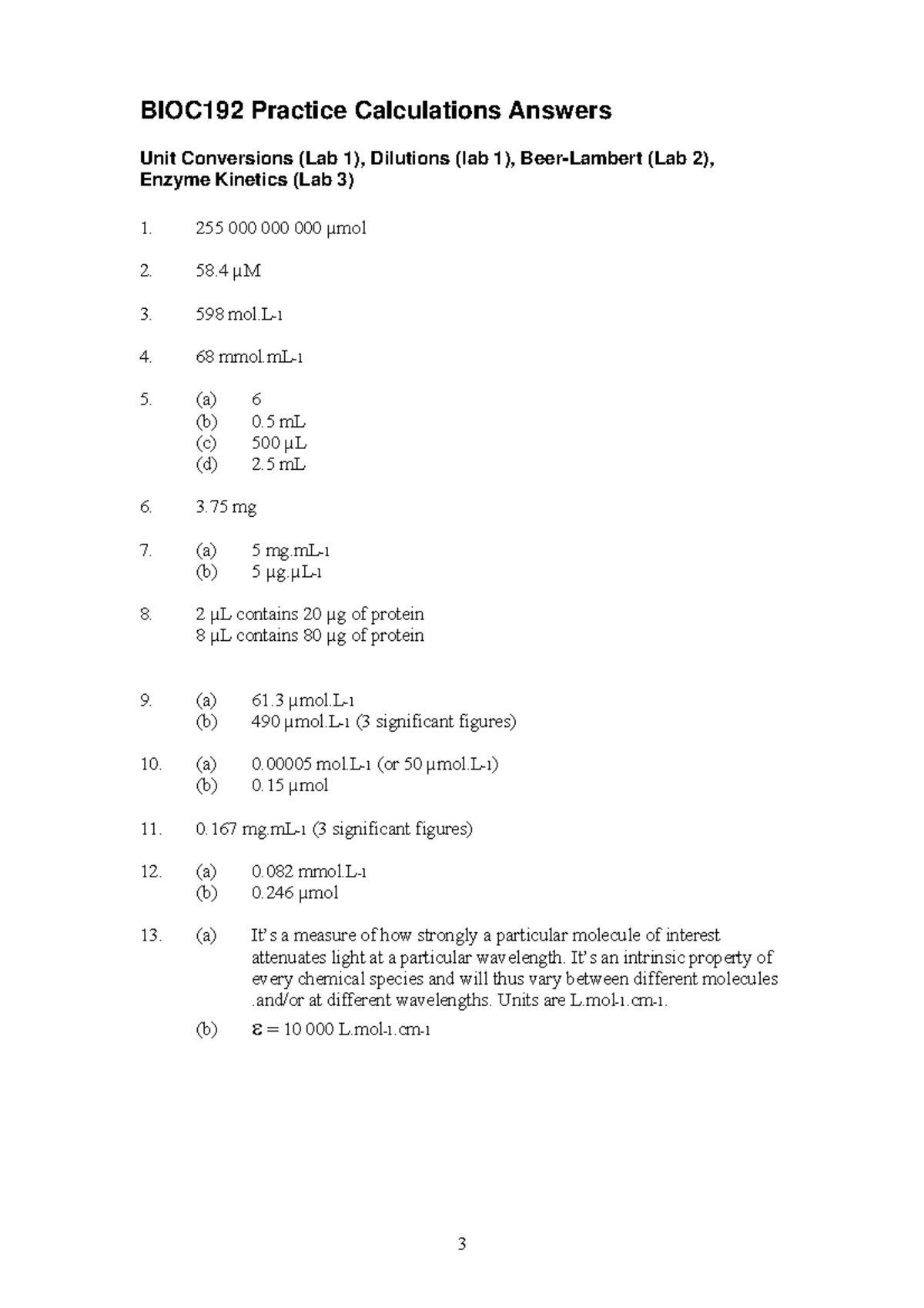 Practice Calculations 2020 Answers - 3 BIOC192 Practice Calculations ...