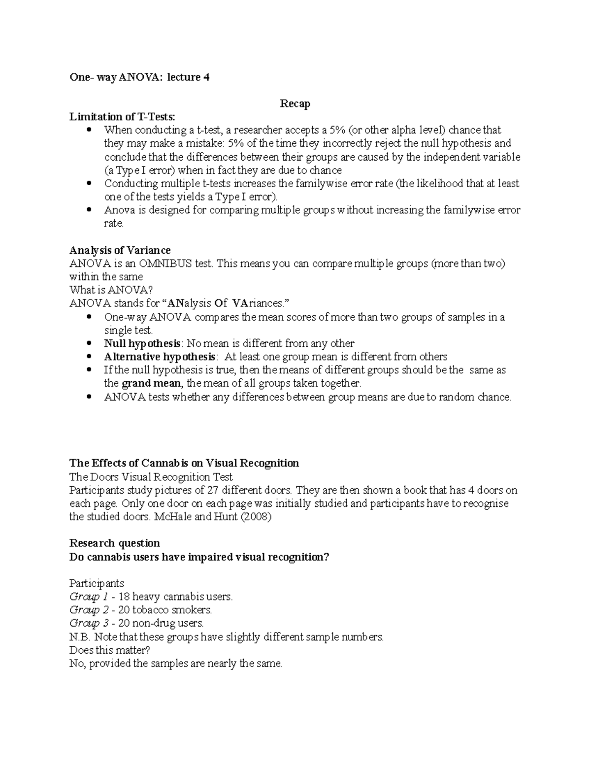 L4 2023 notes - ,,,,, - One- way ANOVA: lecture 4 Week 4: One-Way ANOVA ...